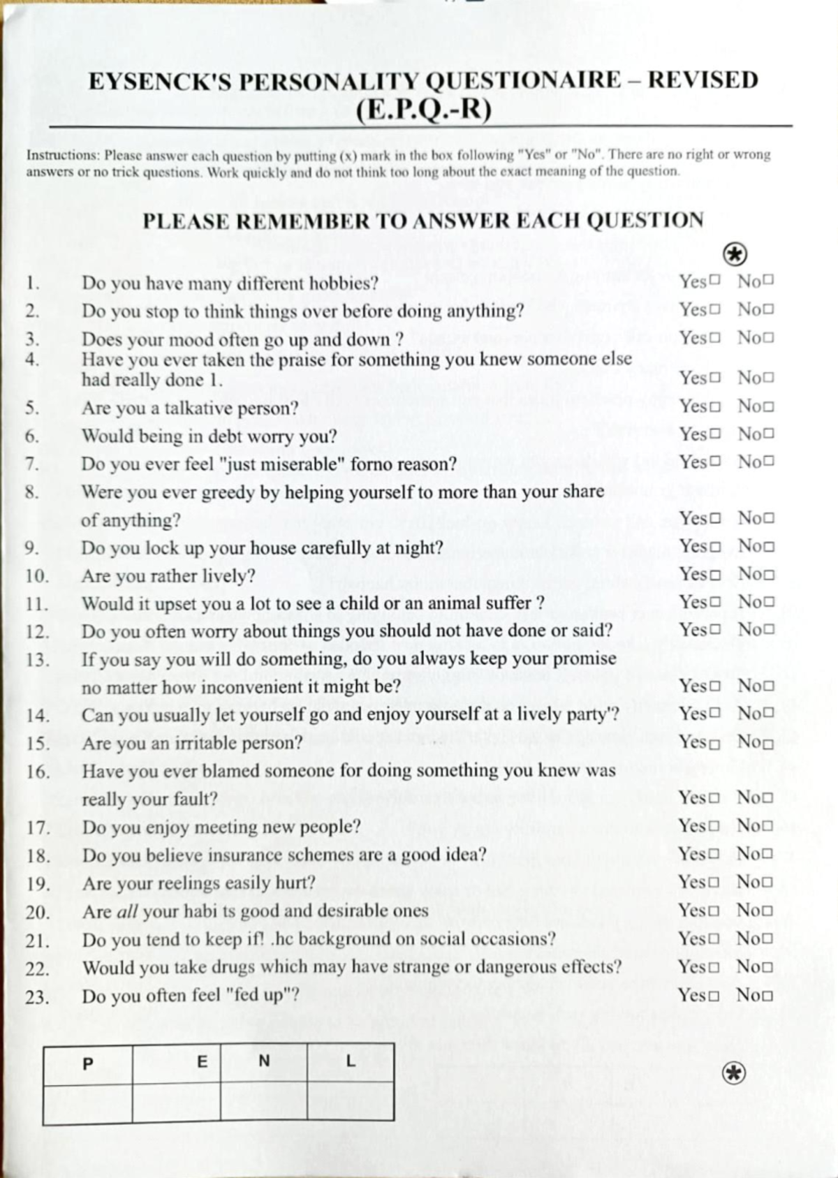 EPQ Question Booklet - EYSENCK'SPERSONALITYQUESTIONAIRE- REVISED (E.P ...