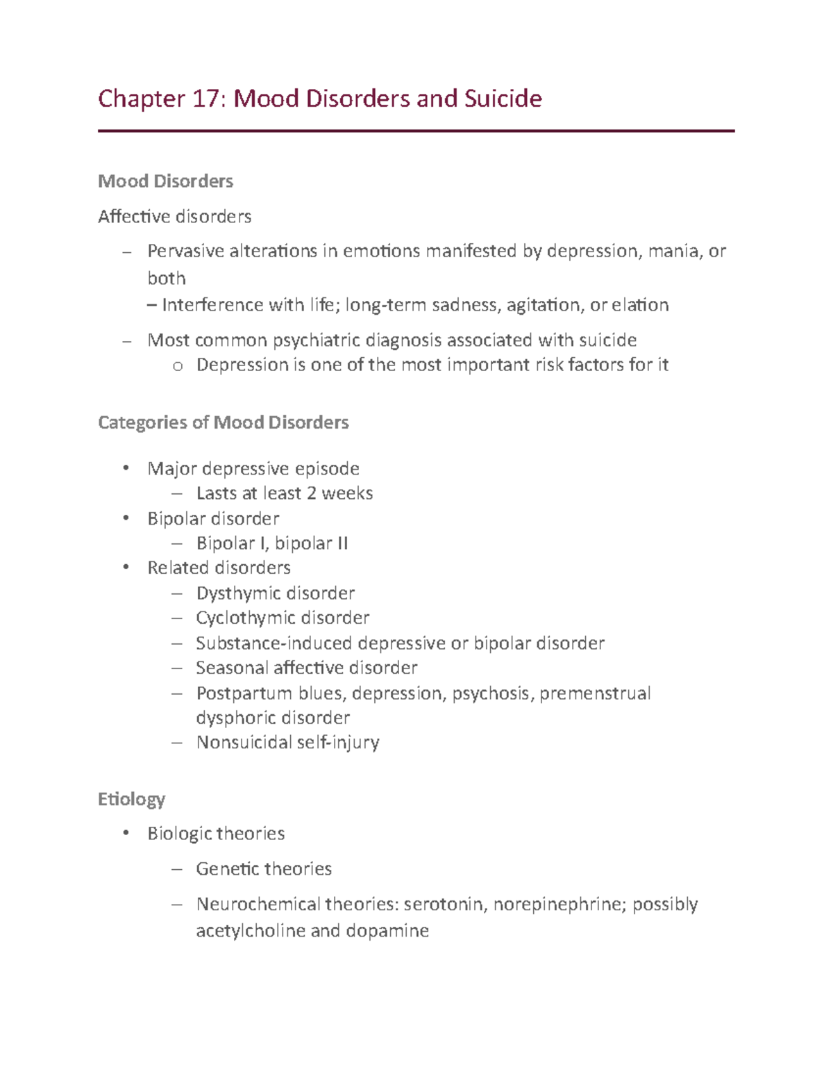 Chapter 17 Mood Disorders and Suicide - Chapter 17: Mood Disorders and ...