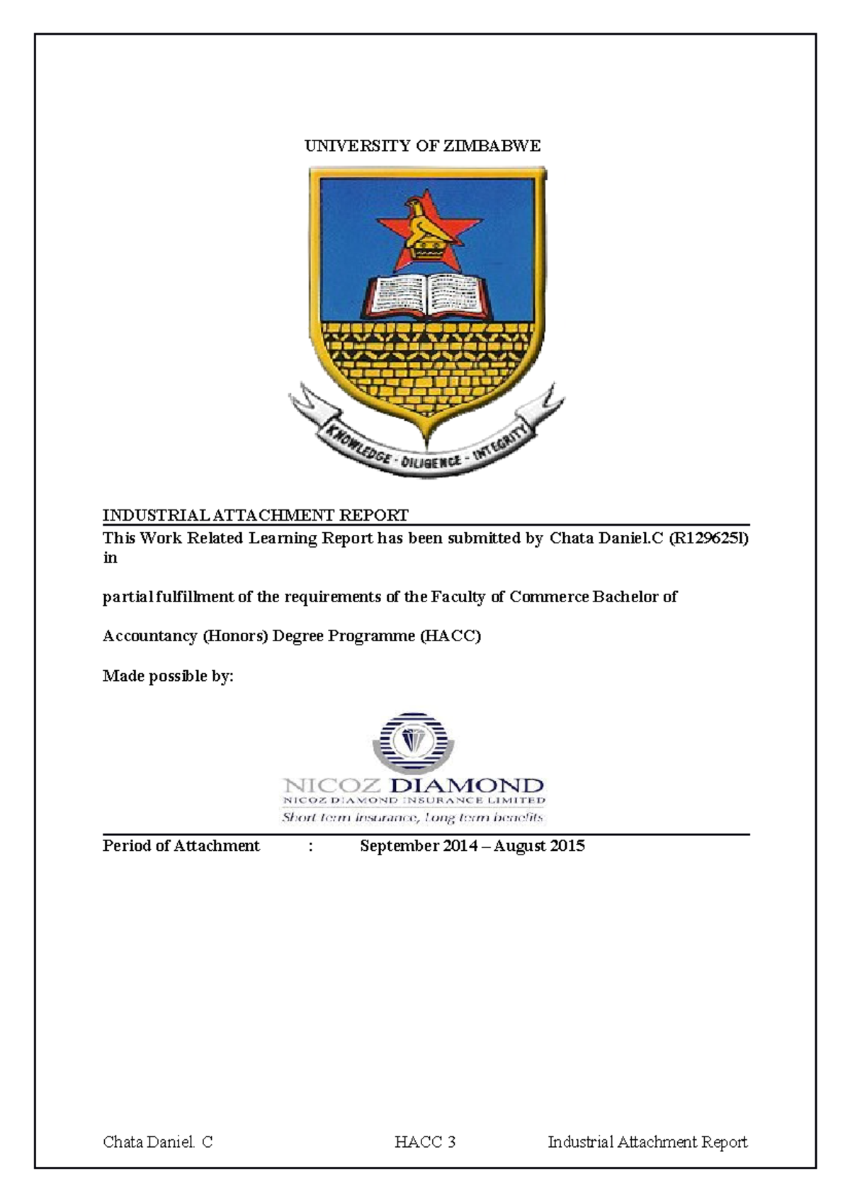 Attachment report for Chata D - UNIVERSITY OF ZIMBABWE INDUSTRIAL ...