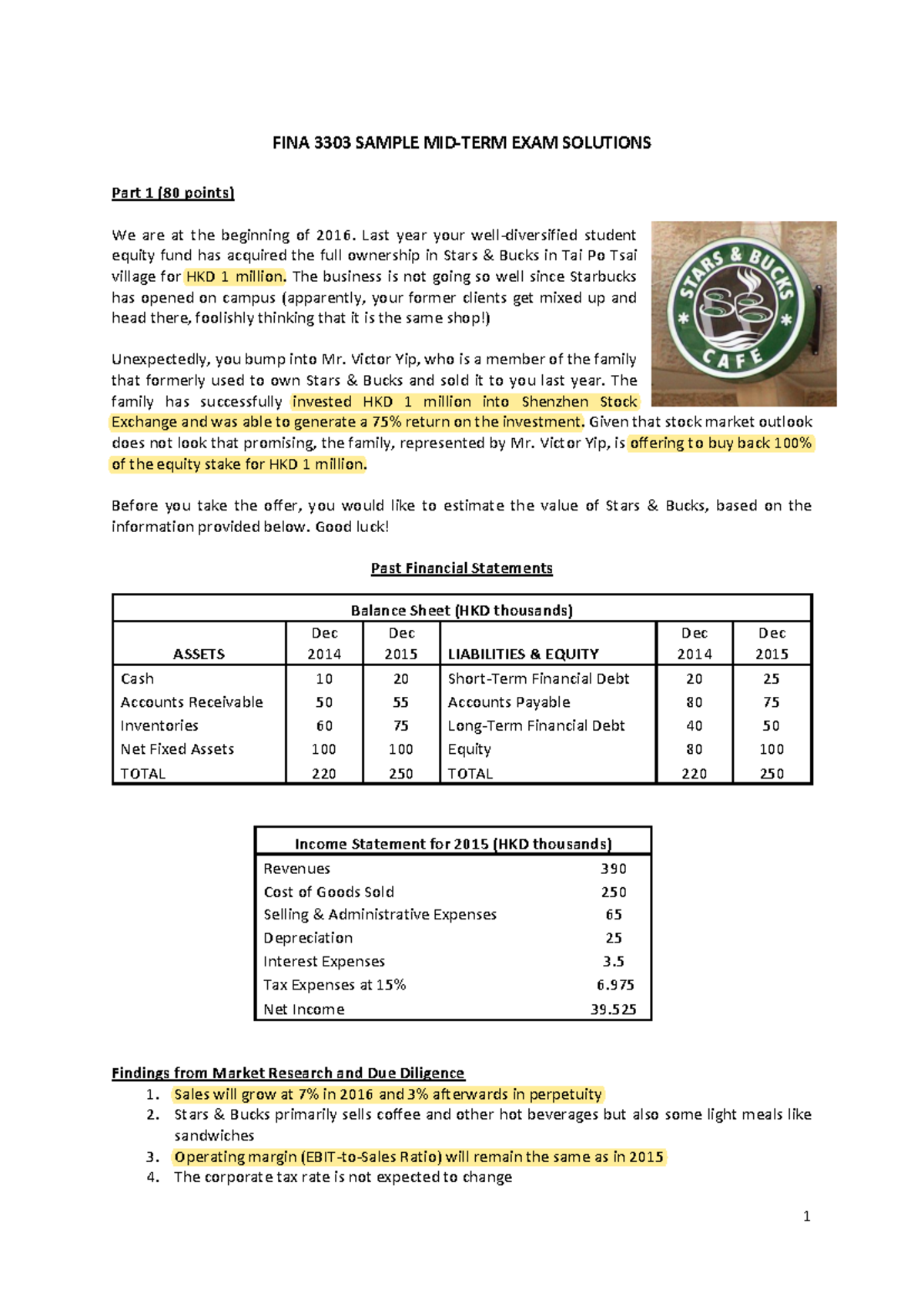 FINA 3303 Sample Midterm Exam 1 Solutions - FINA 3303 SAMPLE MID-TERM ...