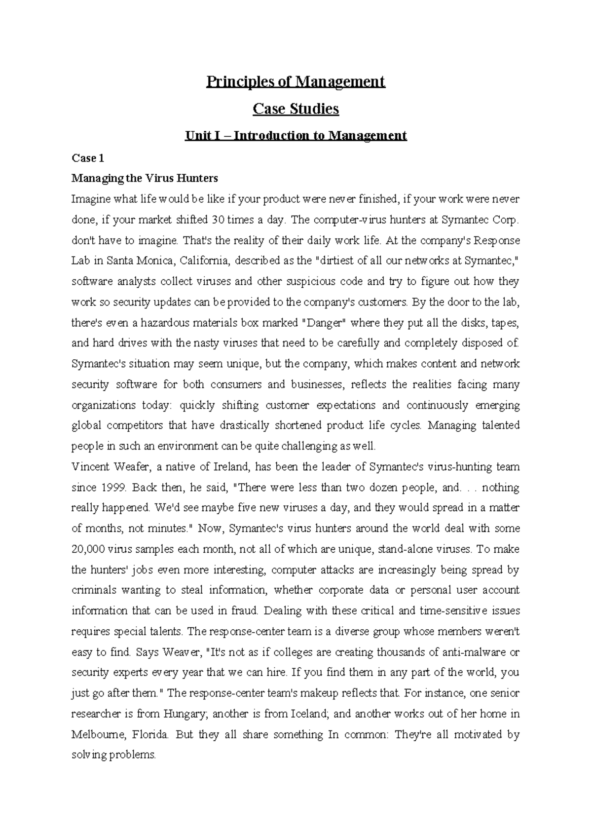 Management - Case Studies - Principles of Management Case Studies Unit ...