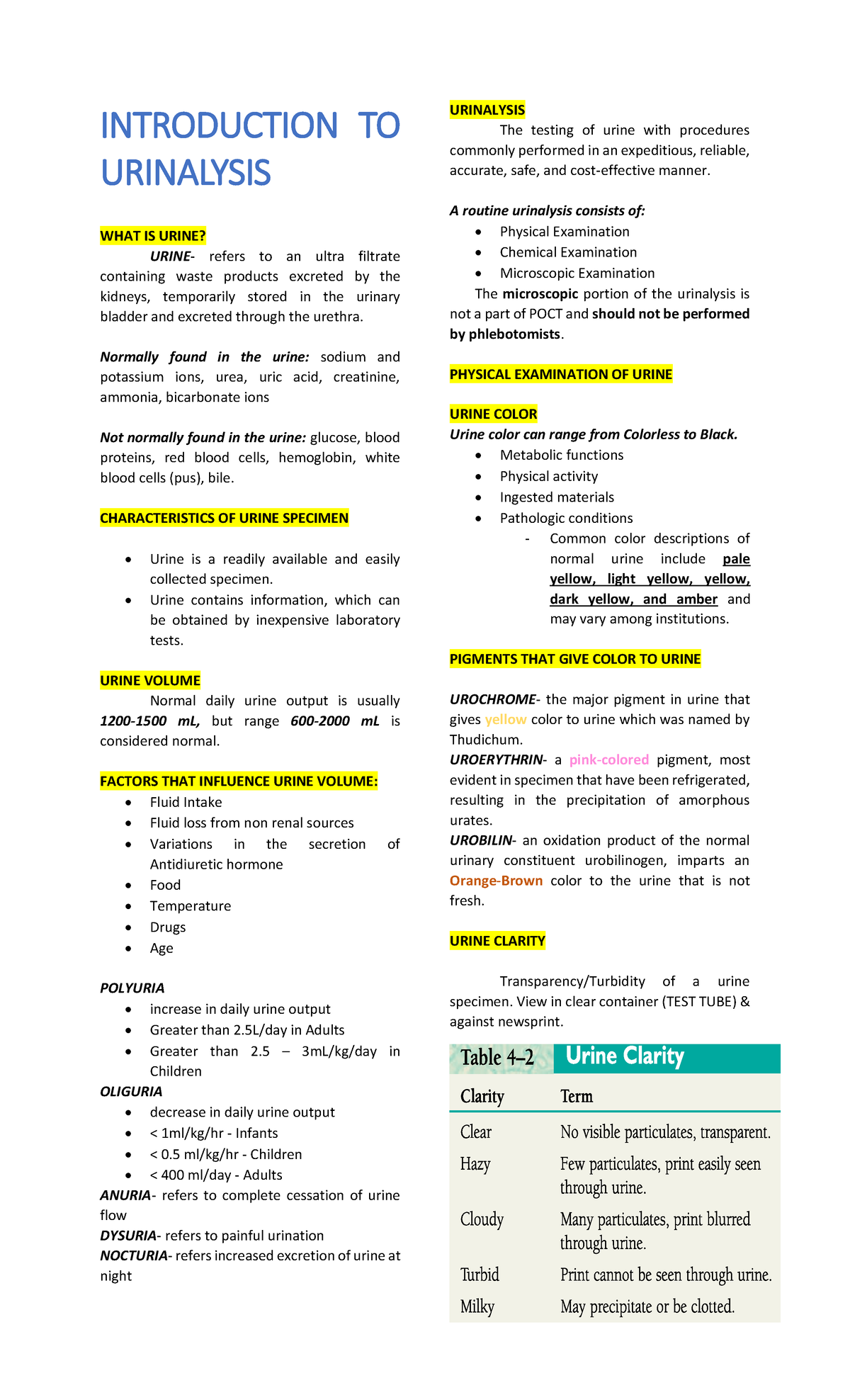 MLSP Midterm Reviewer - INTRODUCTION TO URINALYSIS WHAT IS URINE? URINE ...