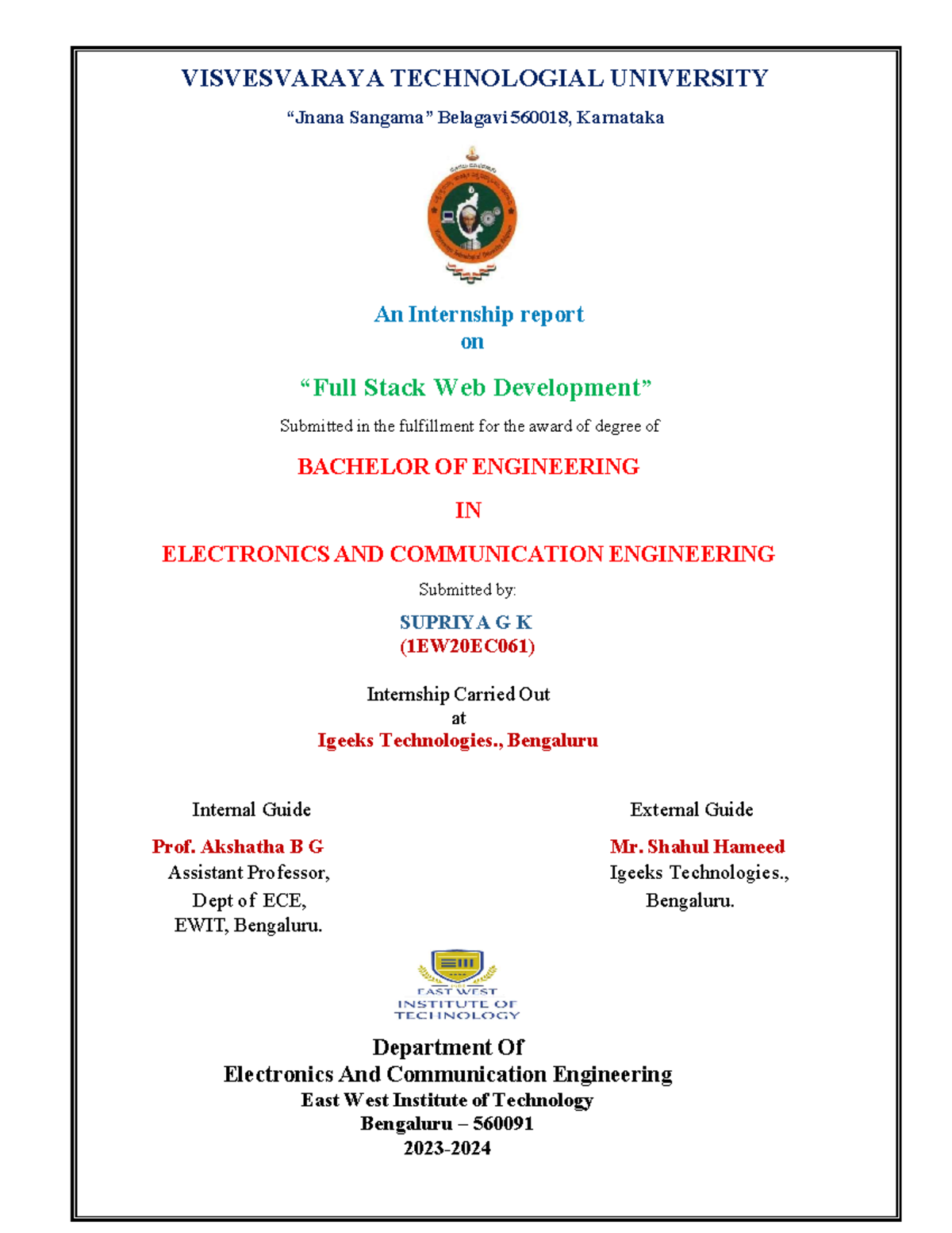 Internship cover page - VISVESVARAYA TECHNOLOGIAL UNIVERSITY “Jnana ...