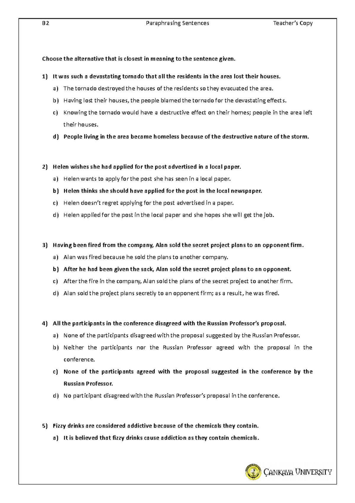Paraphrasing Test 02 - b2phr002t - B2 Paraphrasing Sentences Teacher’s ...