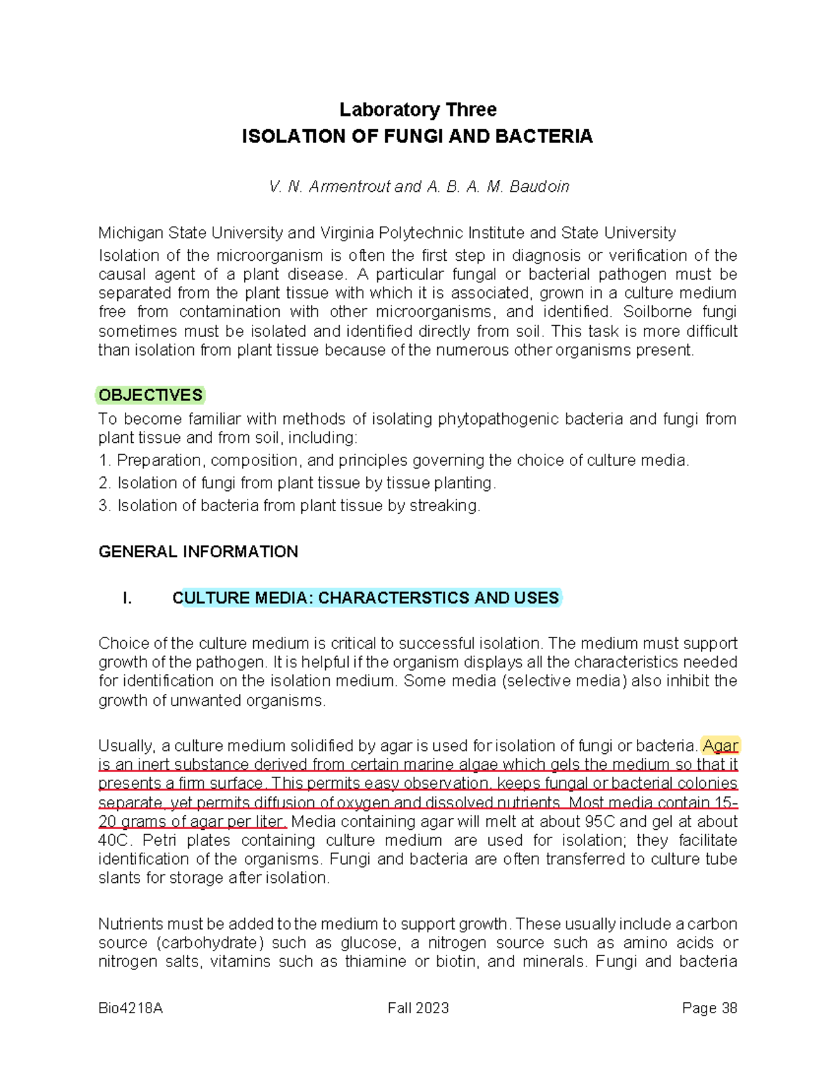 Biology 4218A lab 3 - details for lab 3 - Laboratory Three ISOLATION OF FUNGI AND BACTERIA V. N ...