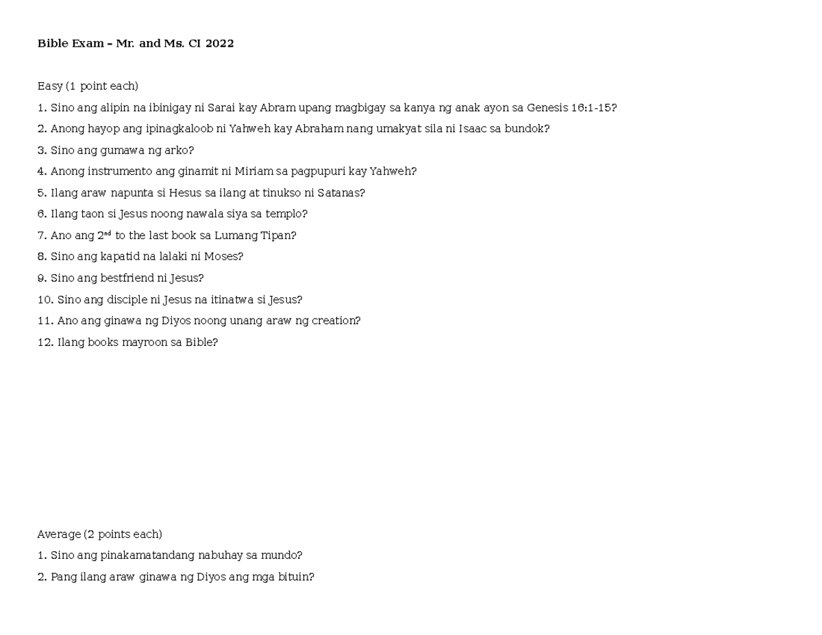 Bible-Exam - Bible Exam - Bible Exam – Mr. and Ms. CI 2022 Easy (1 ...