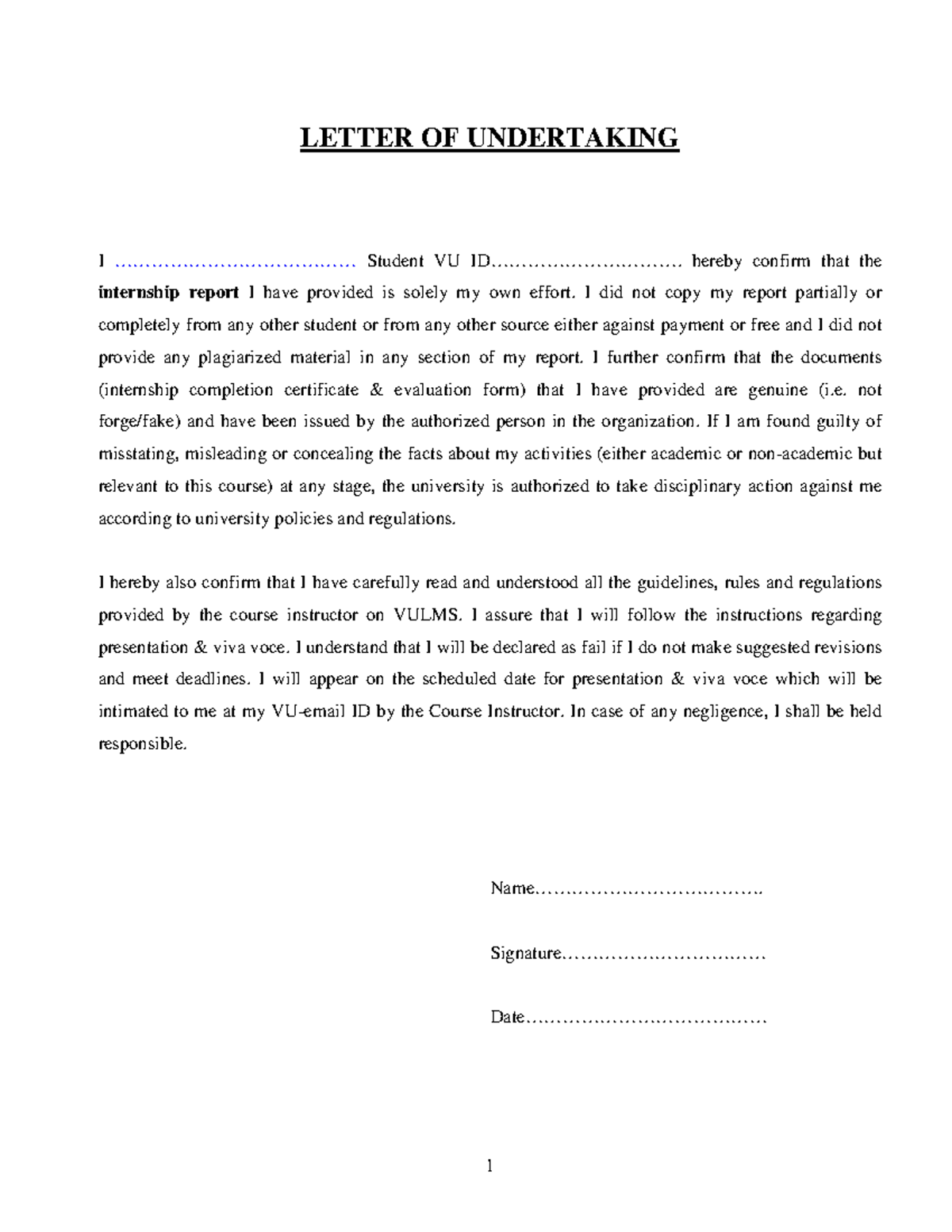 Letter of Undertaking-Internship Report - 1 LETTER OF UNDERTAKING I ...