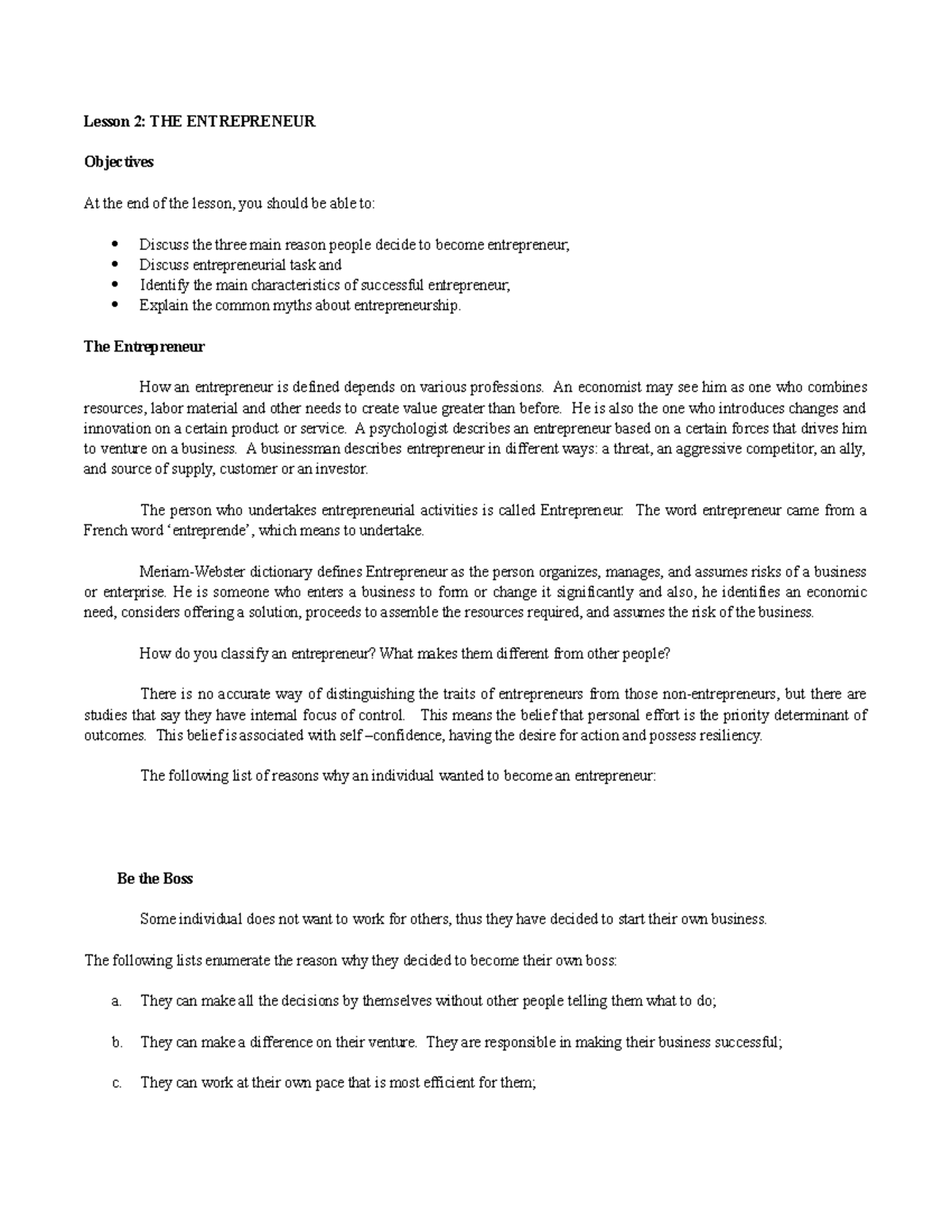 Lesson 2 Entrepreneur 1 - Lesson 2: THE ENTREPRENEUR Objectives At the ...