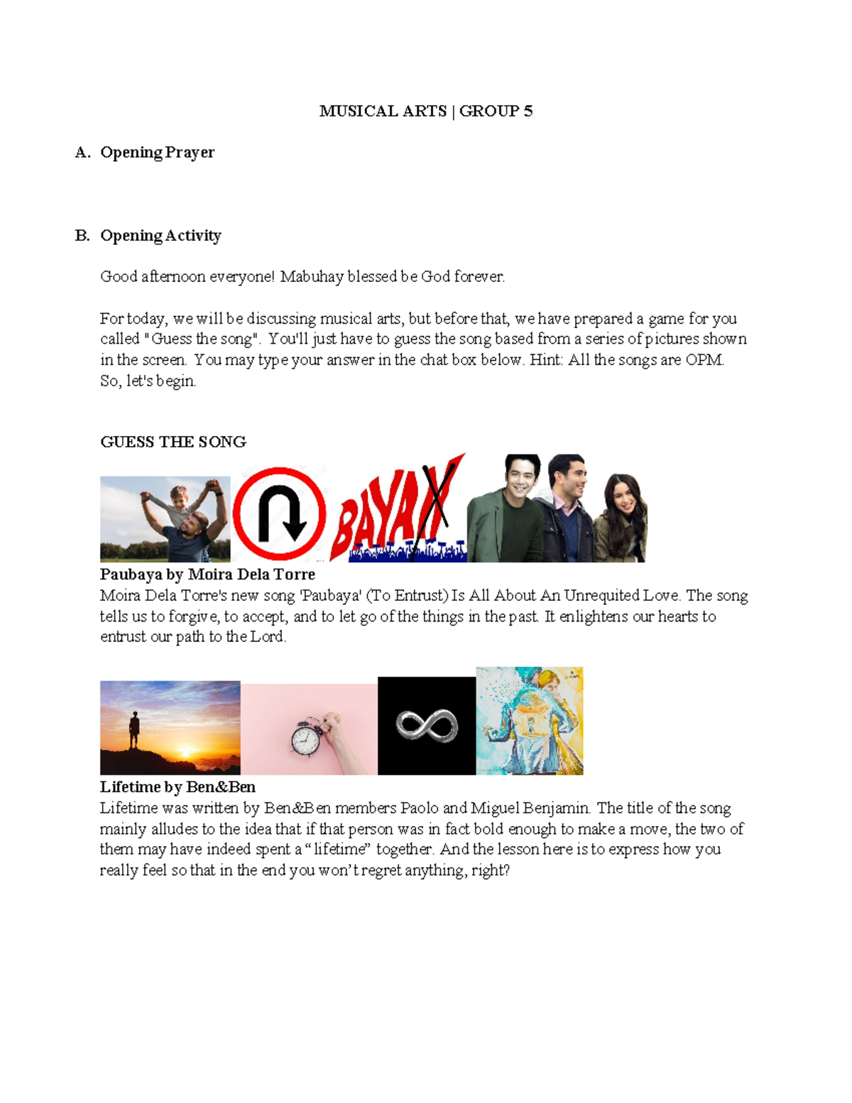 Musical Arts (Script) - MUSICAL ARTS | GROUP 5 A. Opening Prayer B ...