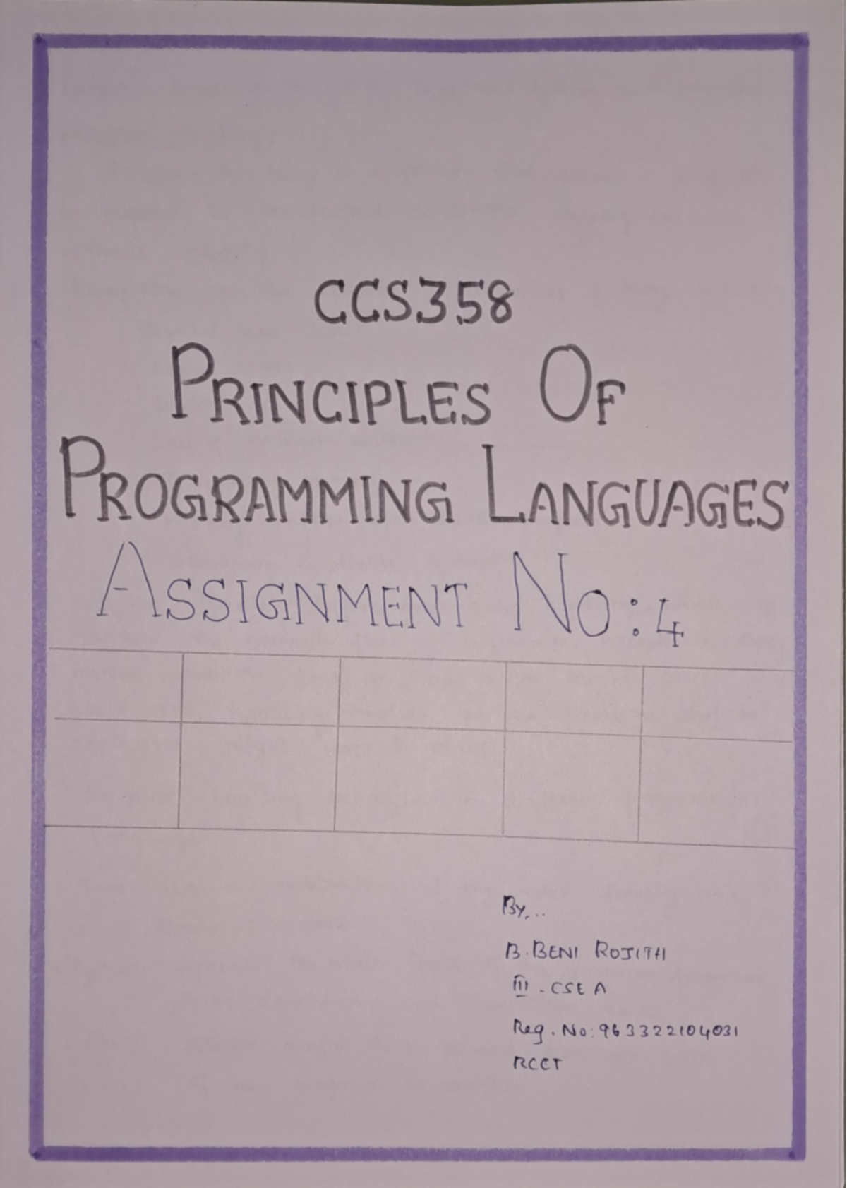Ppl assignment 4 - Ppl - CCS358 PRINCIPLES OF PROGRAMMING LANGUAGES ASSIGNMENT No: 4. , B ROJITH ...