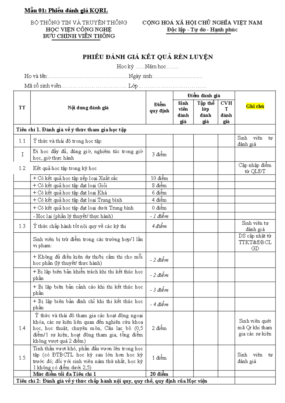 Phieu-danh-gia-ket-qua-ren-luyen chi-tiet - Mẫu 01: Phiếu đánh giá KQRL PHIẾU ĐÁNH GIÁ KẾT QUẢ ...