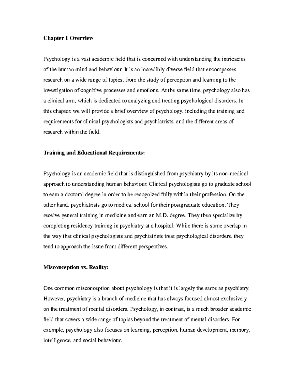 Chapter one Overview - Chapter 1 Overview Psychology is a vast academic ...