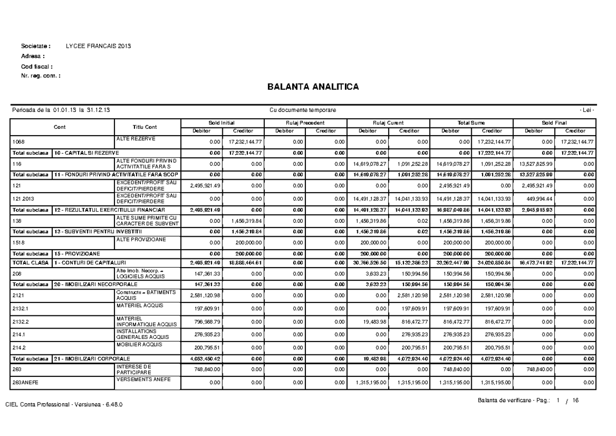 Balance - BALANTA ANALITICA Societate : Adresa : Perioada de la 01.01 ...