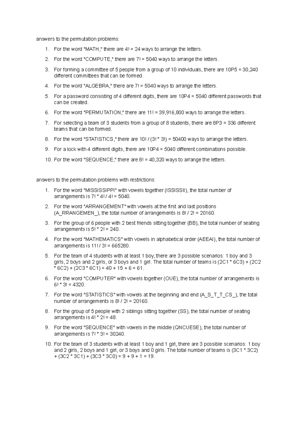 Answers math booth - answers to the permutation problems: 1. For the ...