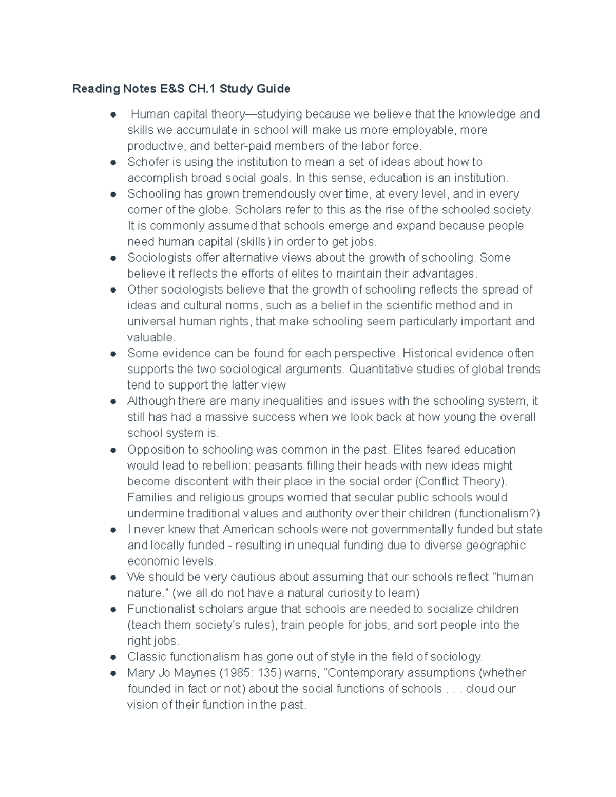 Chapter 1 Guide - Reading Notes E&S CH Study Guide Human capital theory ...