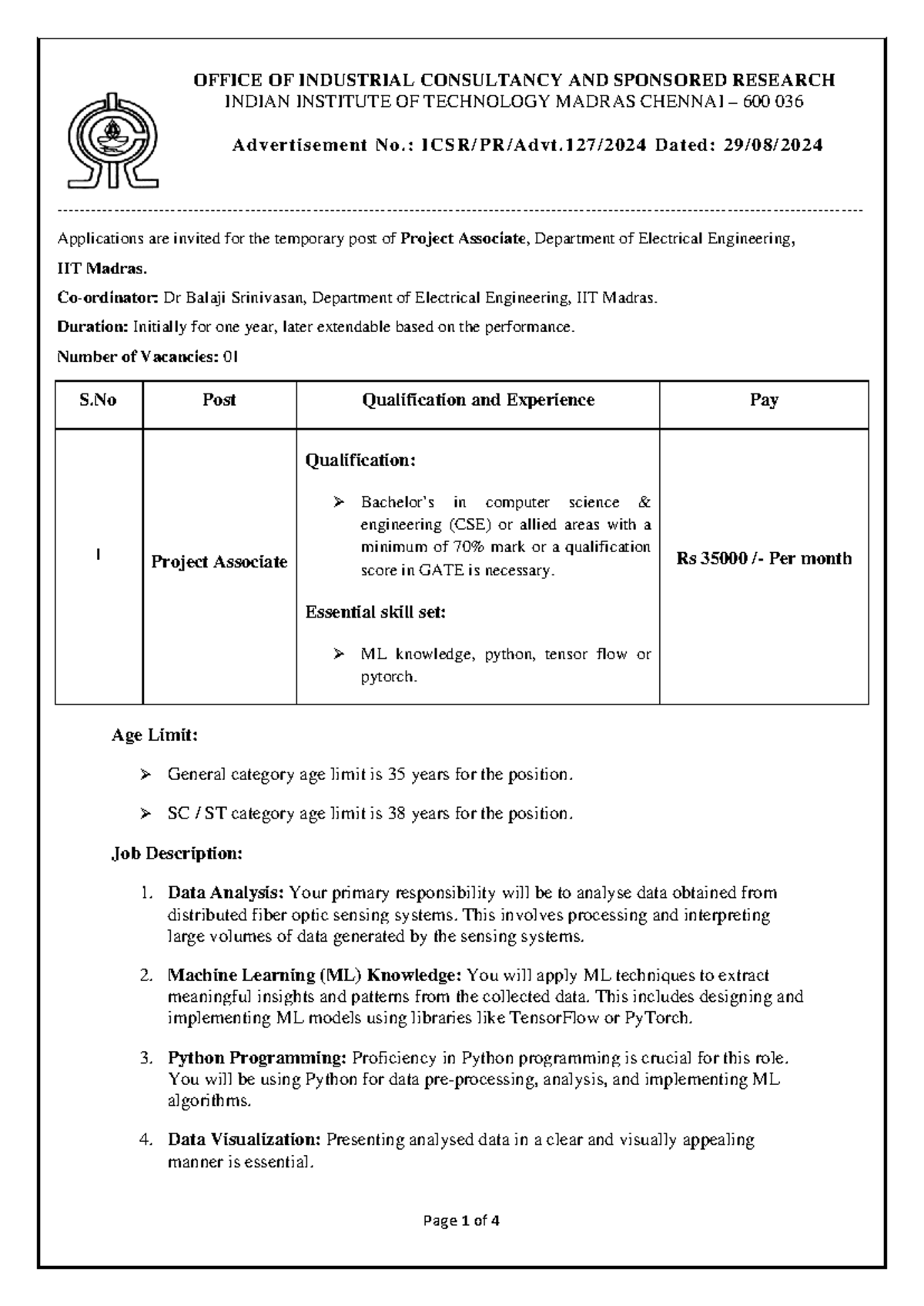 Announcement for the post of Project Associate-Advt-127-2024 ...
