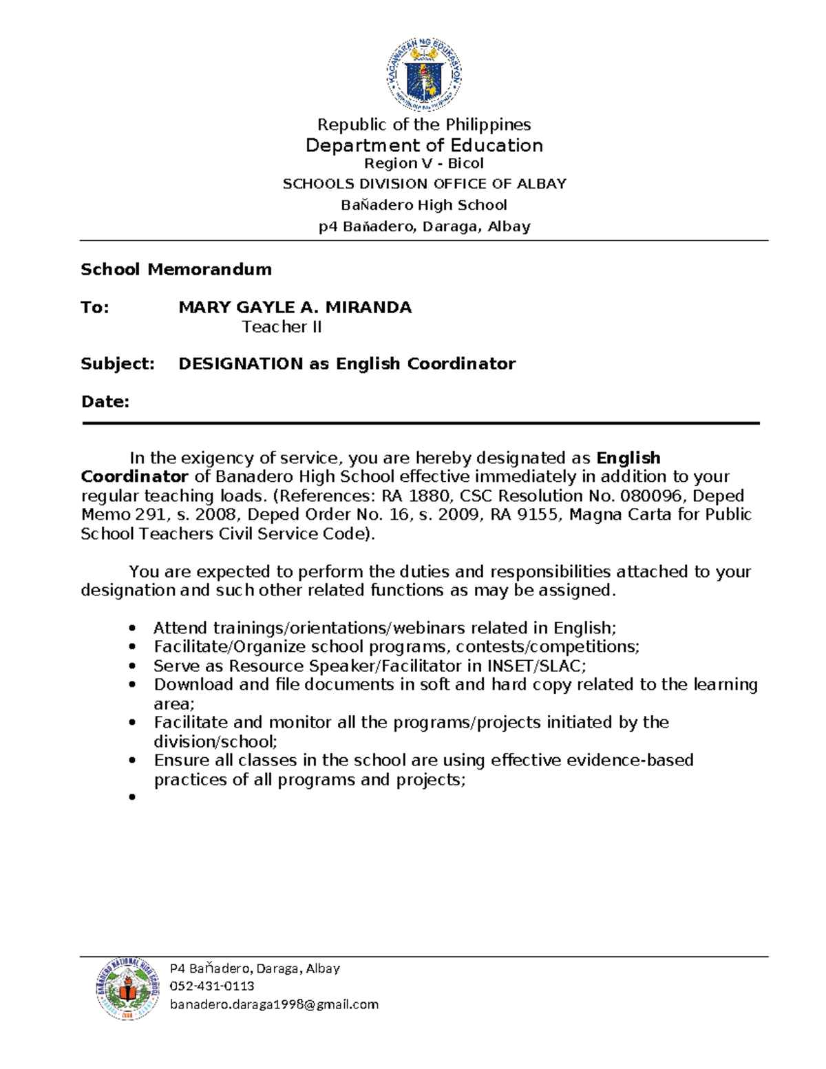 Designation - Republic of the Philippines Department of Education ...