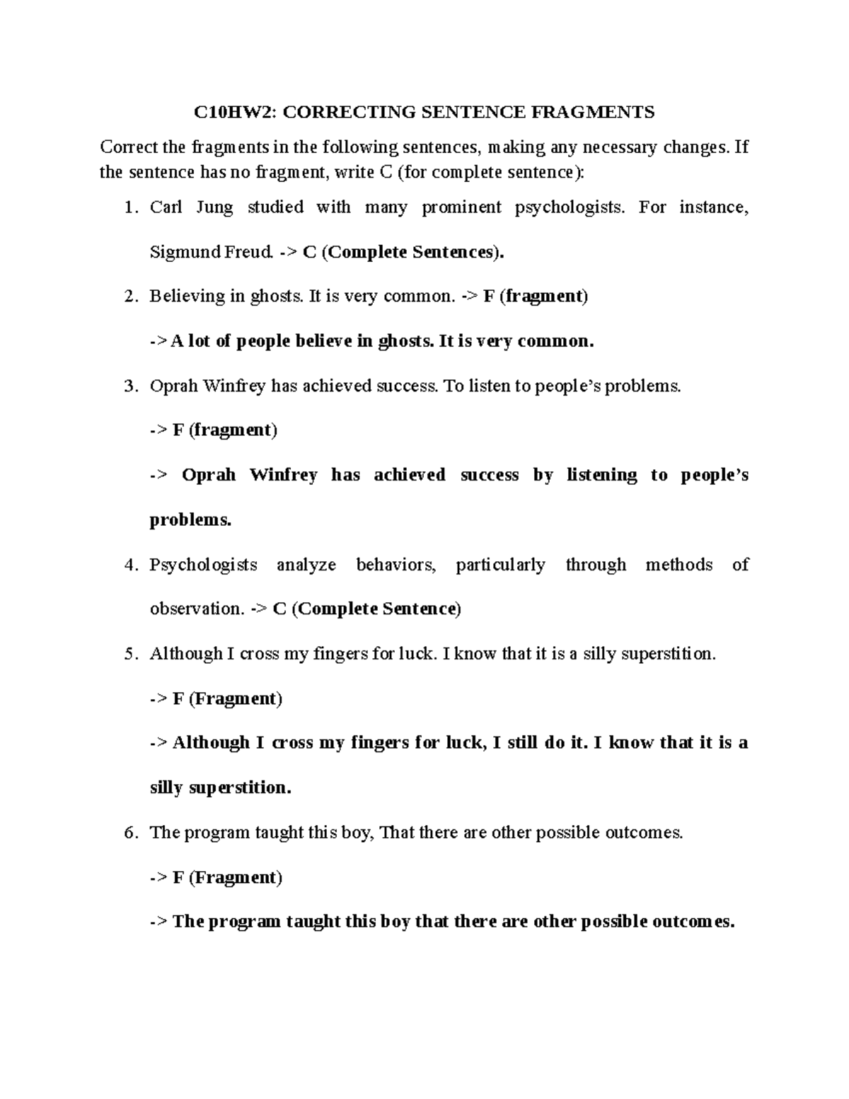 C10HW2 Correcting Sentence Fragments - C10HW2: CORRECTING SENTENCE ...
