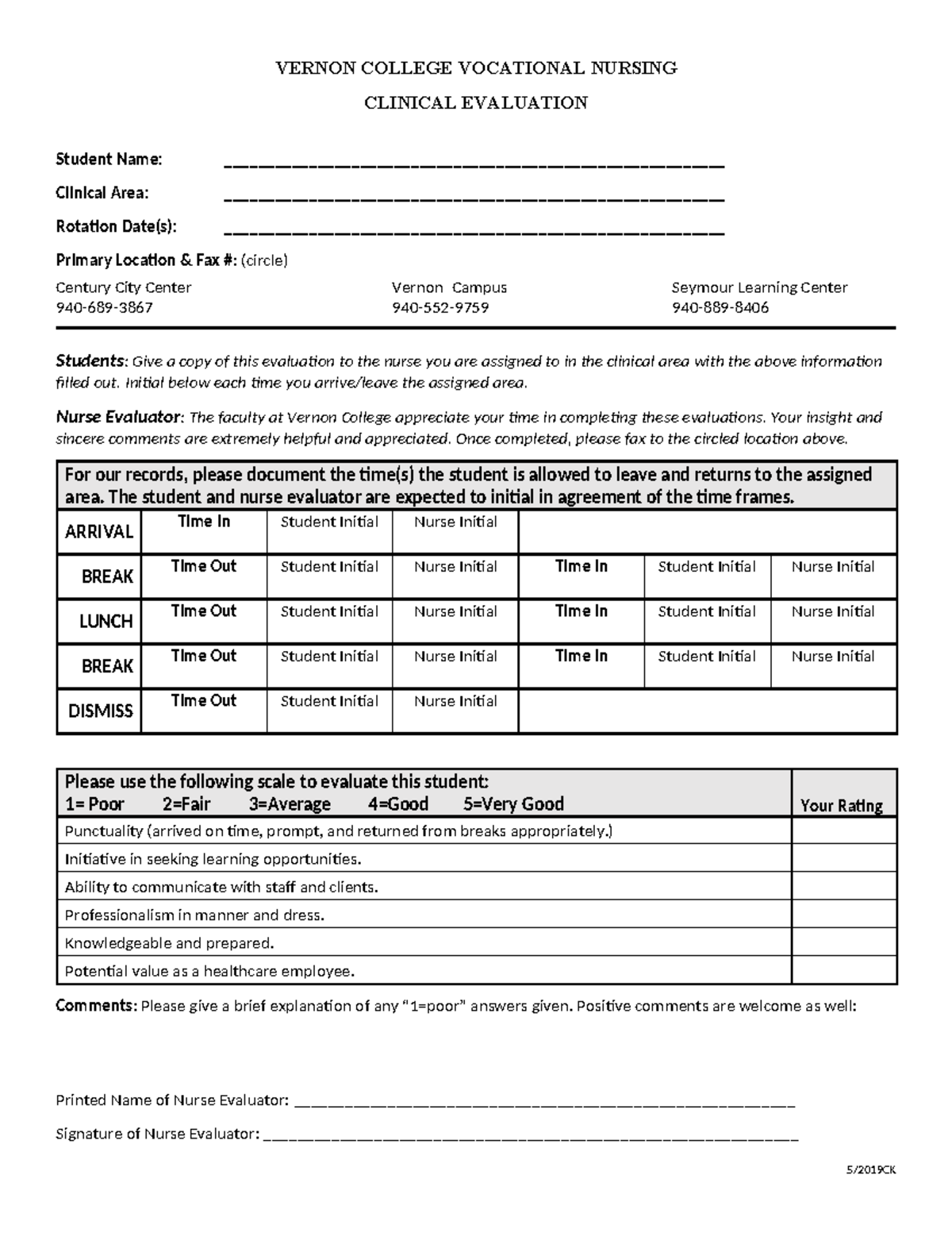 Evaluation clinical packet for work - VERNON COLLEGE VOCATIONAL NURSING ...