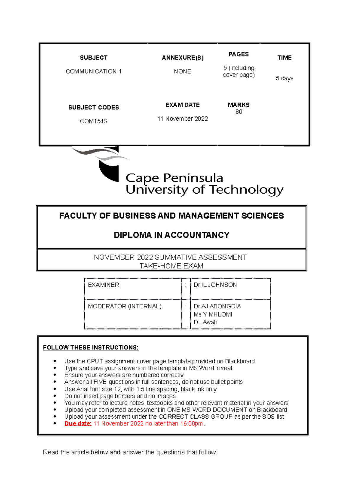 November 2022 Communication EXAM Paper Final - SUBJECT COMMUNICATION 1 ...