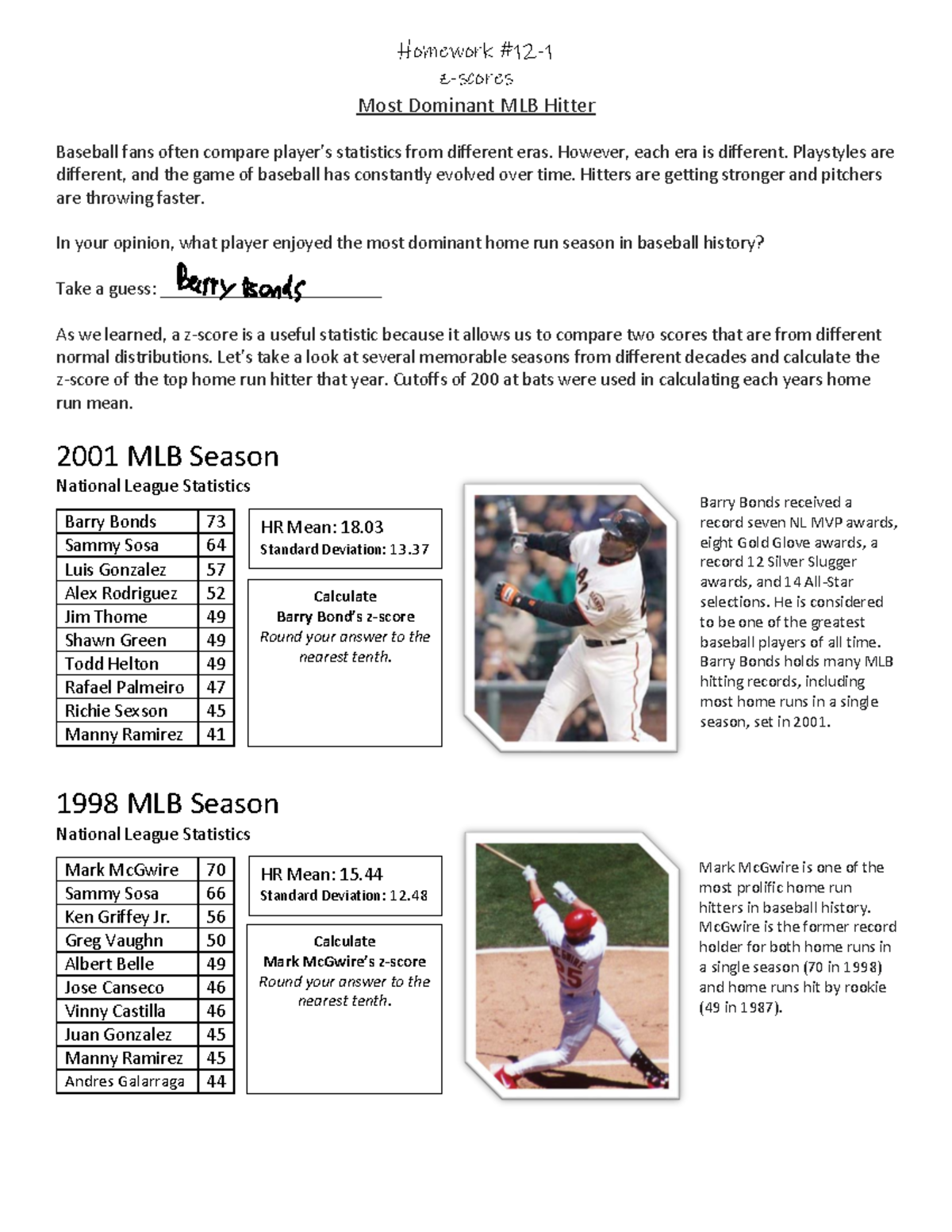 12-1 Z-Scores Baseball Application Task HW - Homework # 12 - 1 z-scores ...