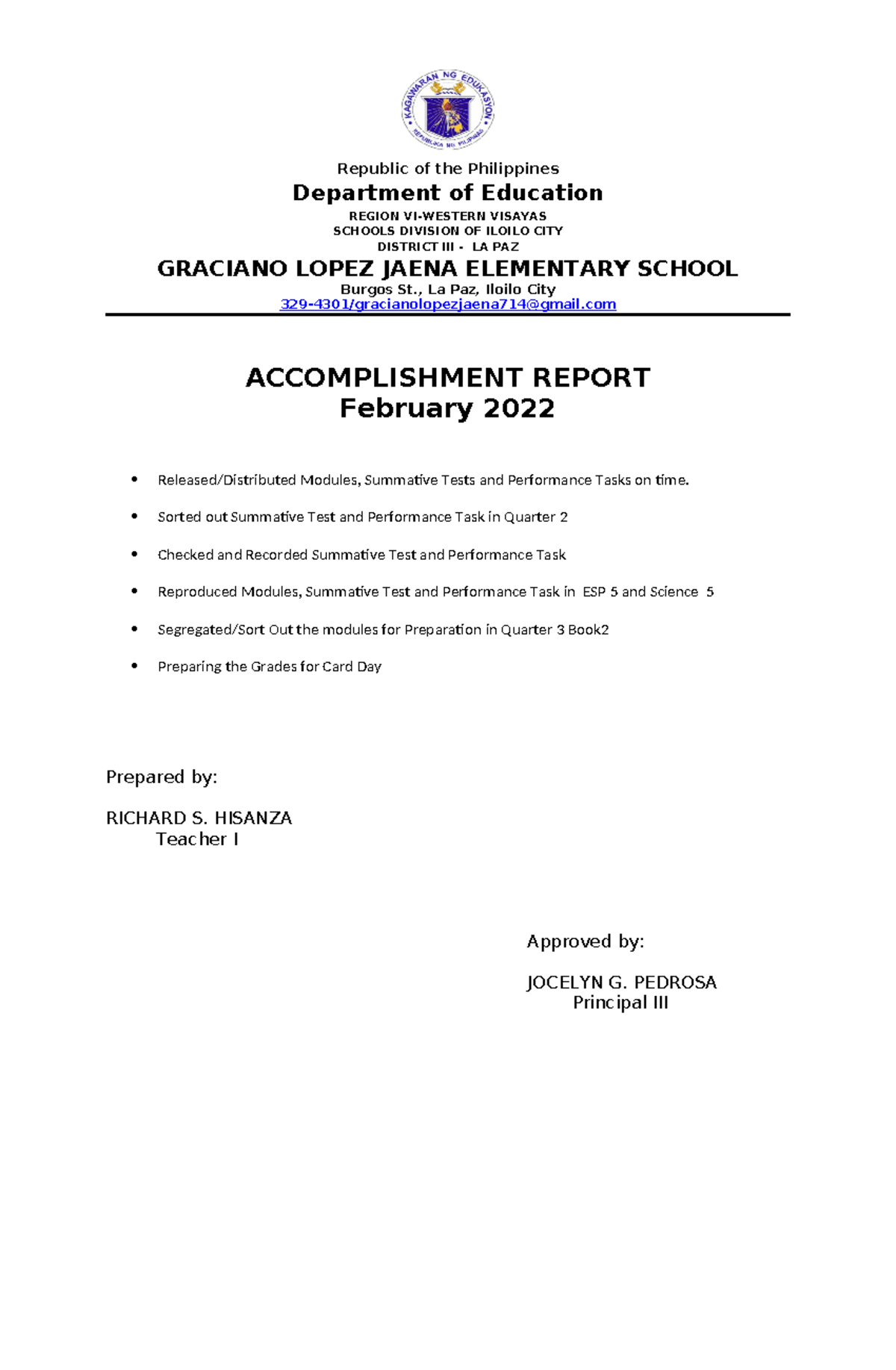 Accomplishment- Report- Hisanza-FEB - Republic of the Philippines ...