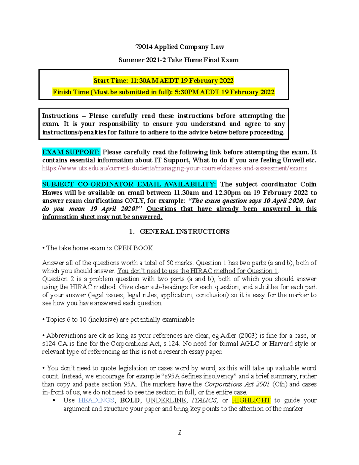 Summer 2021 final exam main Applied Company Law 79014 - 79014 Applied ...