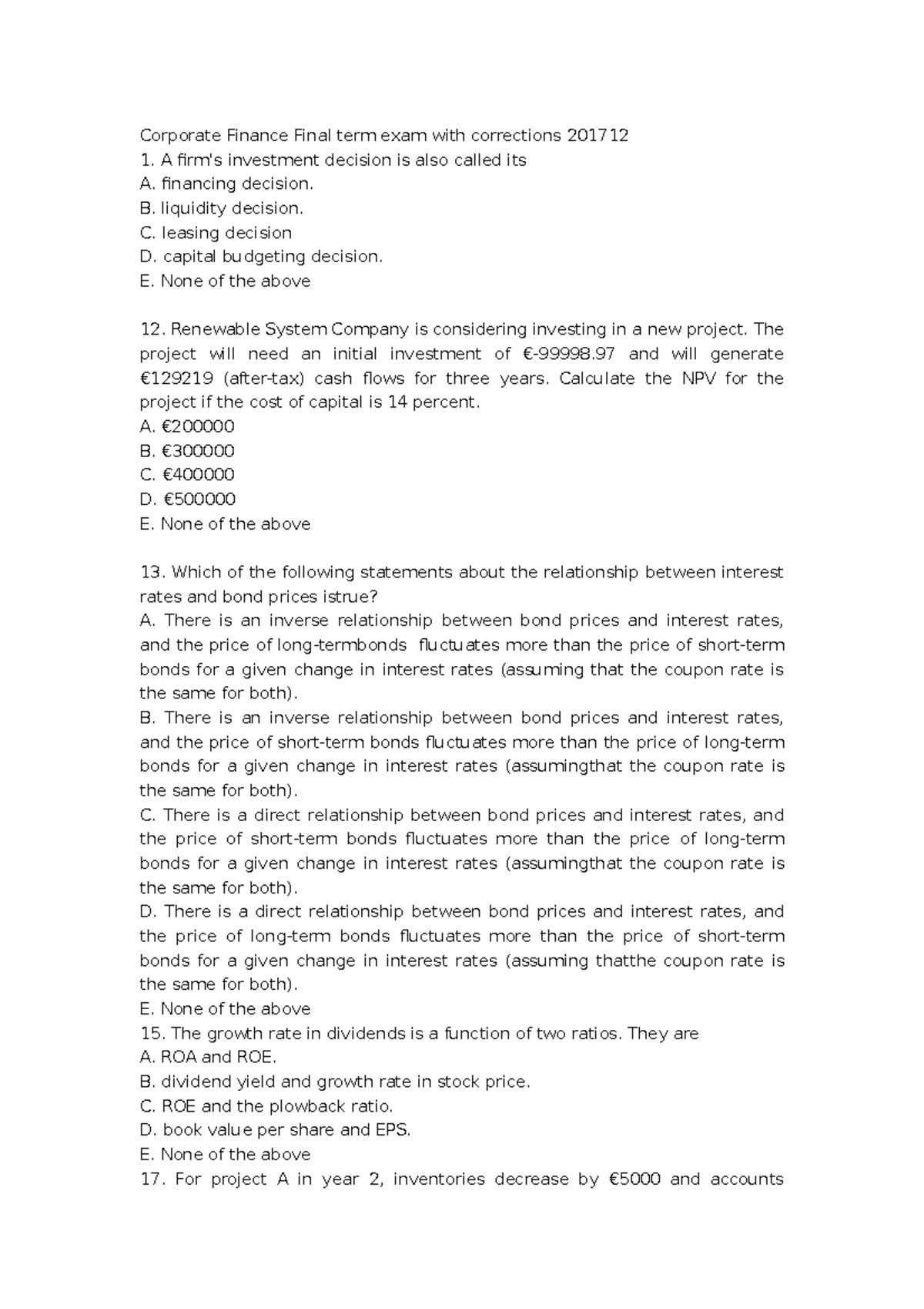 Corporate Finance Test - Corporate Finance Final term exam with ...