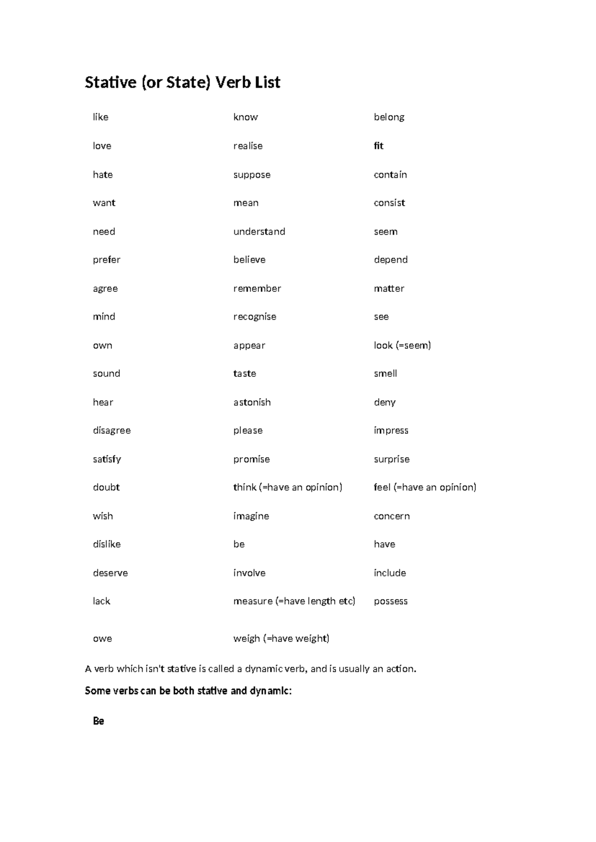 Stative verbs theory - teoria - Stative (or State) Verb List like know ...