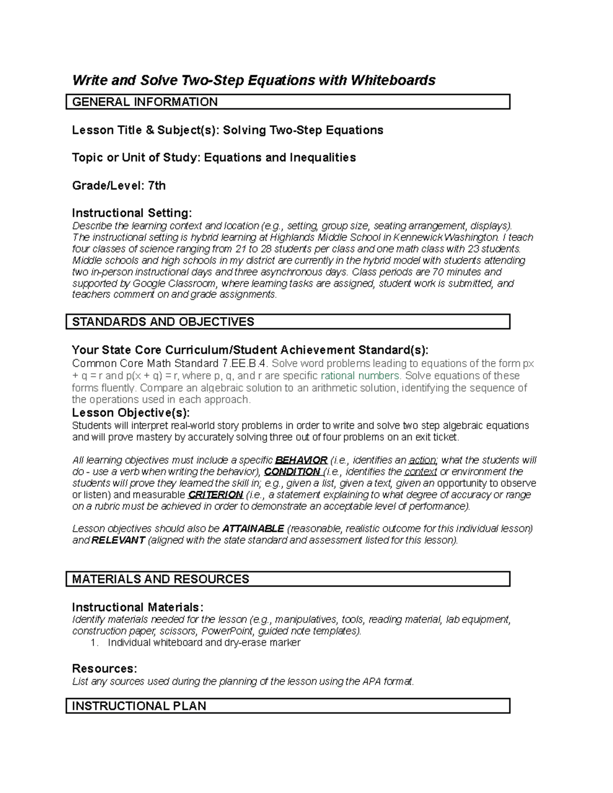 IZT2 Lesson Plan Write and Solve Two-Step Equations using whiteboards ...