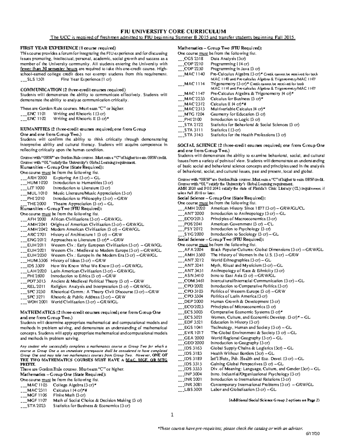 Fiu university core curriculum updated 6 17 20 - 1 *These courses have ...