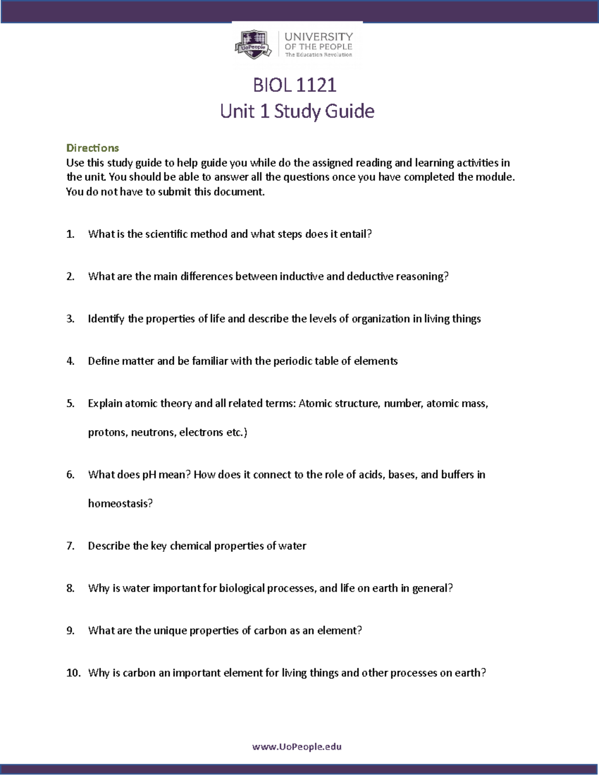 BIOL1121 Unit 1 Study Guide - BIOL 1121 Unit 1 Study Guide Directions Use this study guide to ...