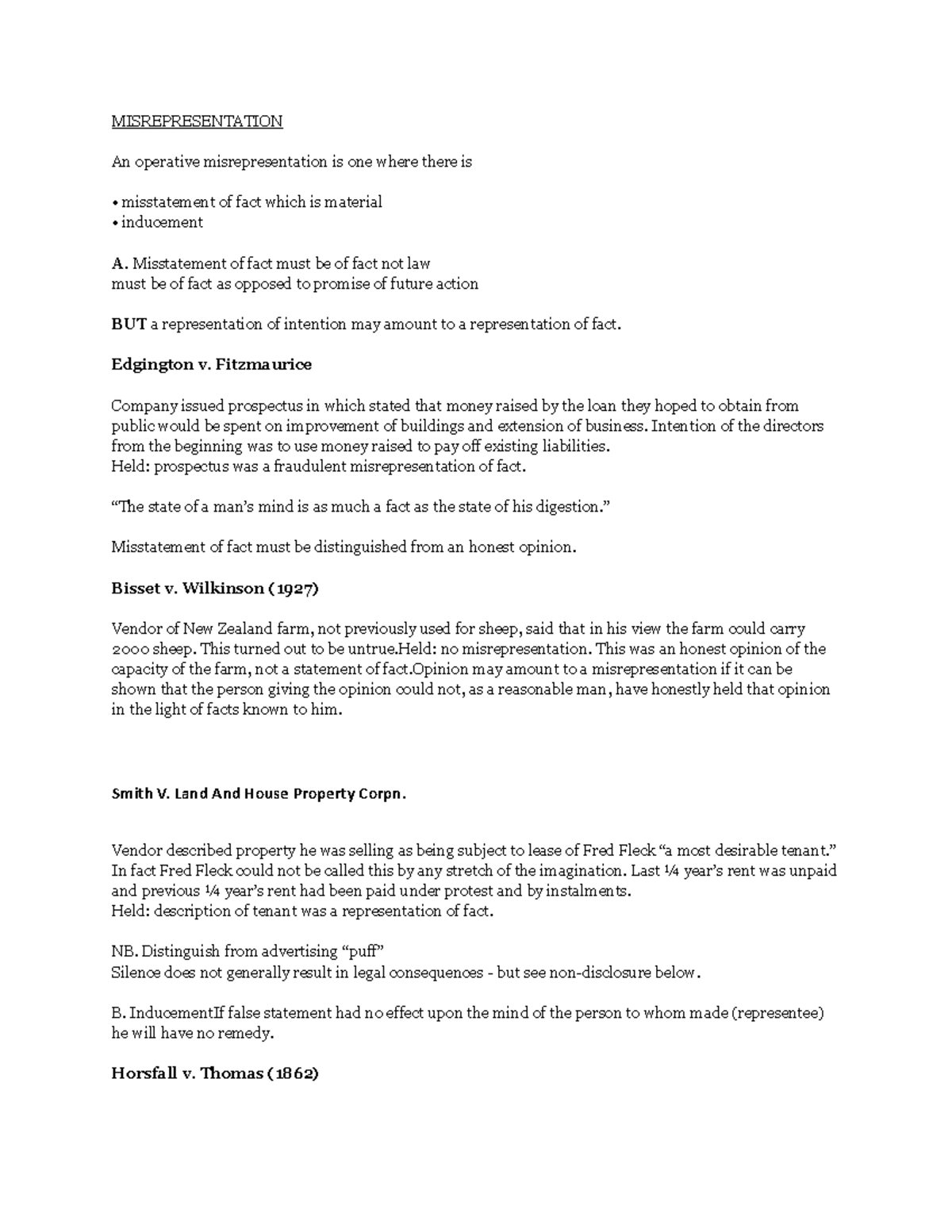 Useful misrep notes - MISREPRESENTATION An operative misrepresentation ...