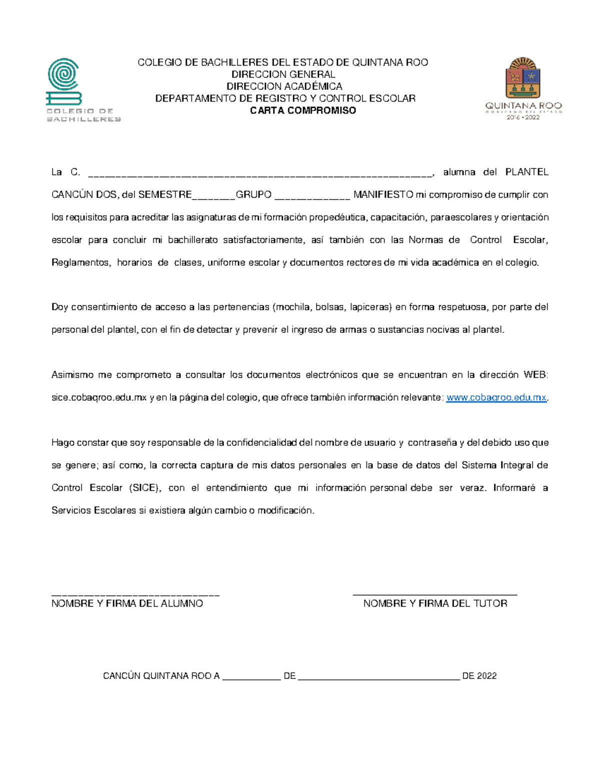 Carta Compromiso DE Alumnos 2022 - COLEGIO DE BACHILLERES DEL ESTADO DE ...