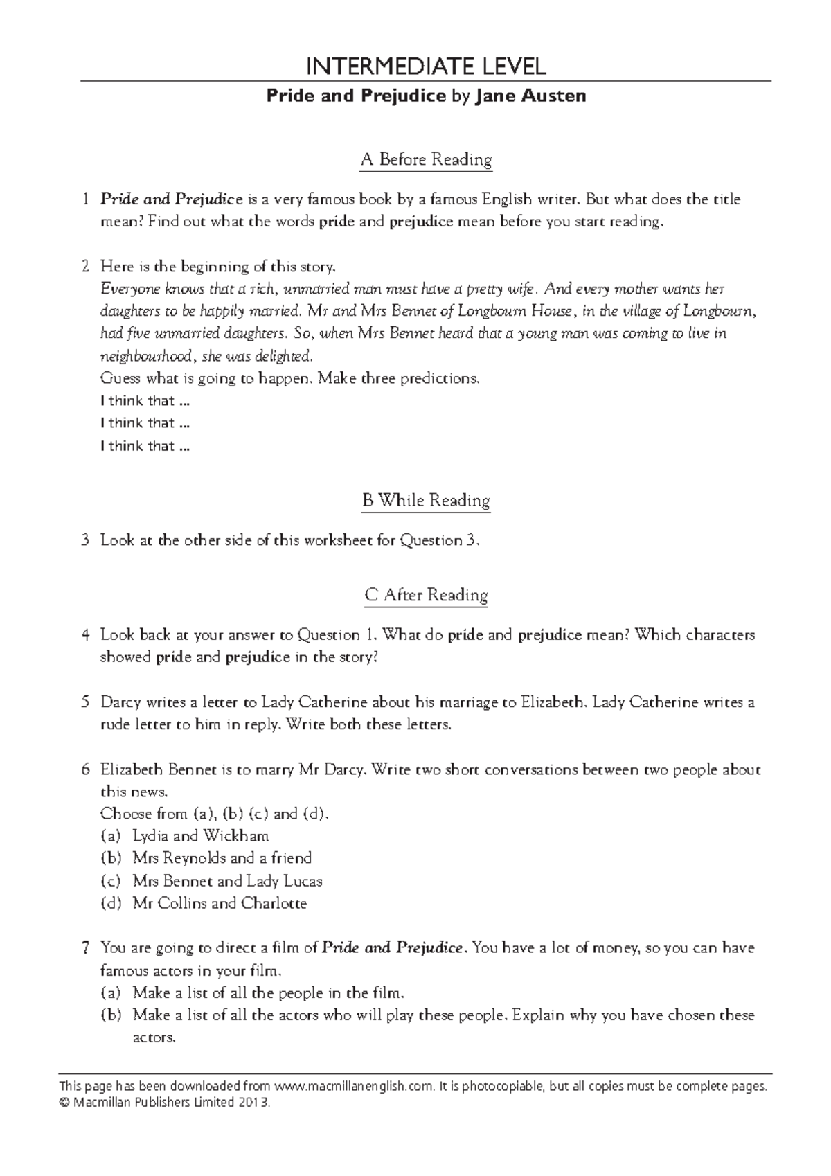 Pride-Prejudice-Worksheet - HEINEMANN GUIDED READERS n Worksheet n A ...