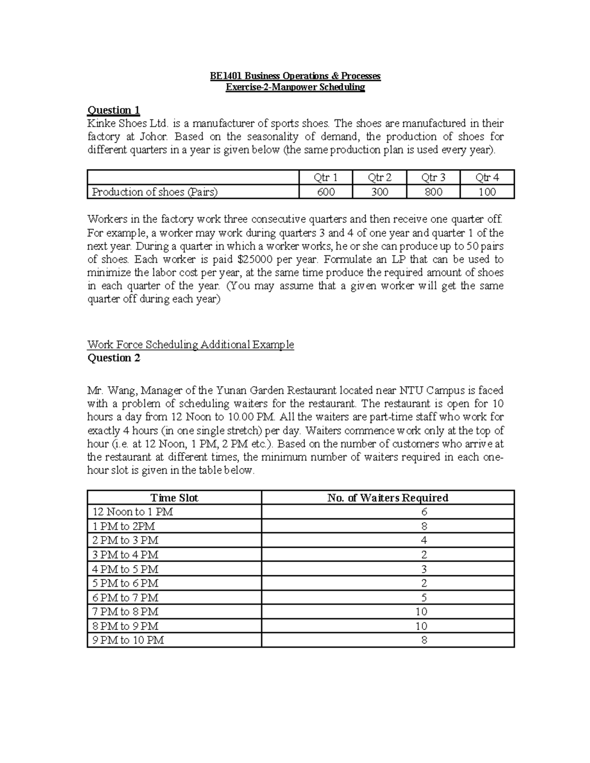 Exercise 2 LP Applications - BE1401 Business Operations & Processes Exercise-2-Manpower - Studocu