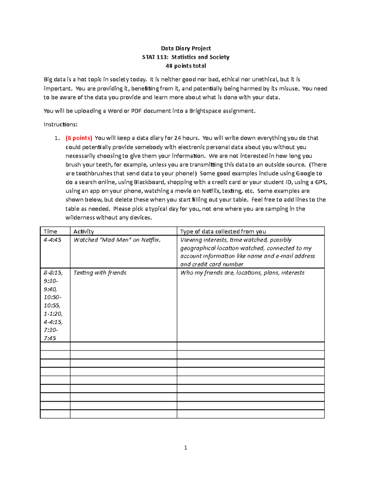 Data Diary Project - Instructions - Data Diary Project STAT 113: Statistics and Society 40 ...