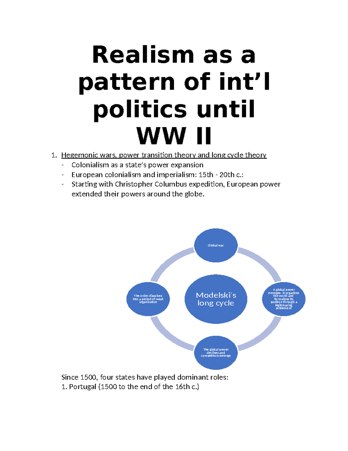 Day 3 Notes - Realism as a pattern of int’l politics until WW II 1 ...