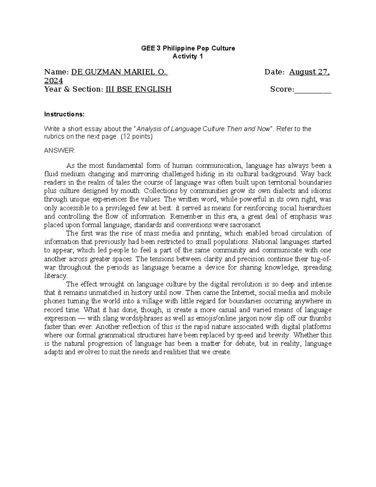 GEE 3 Activity 1 Essay Re Language Culture Then and Now AY 2023 2024 ...