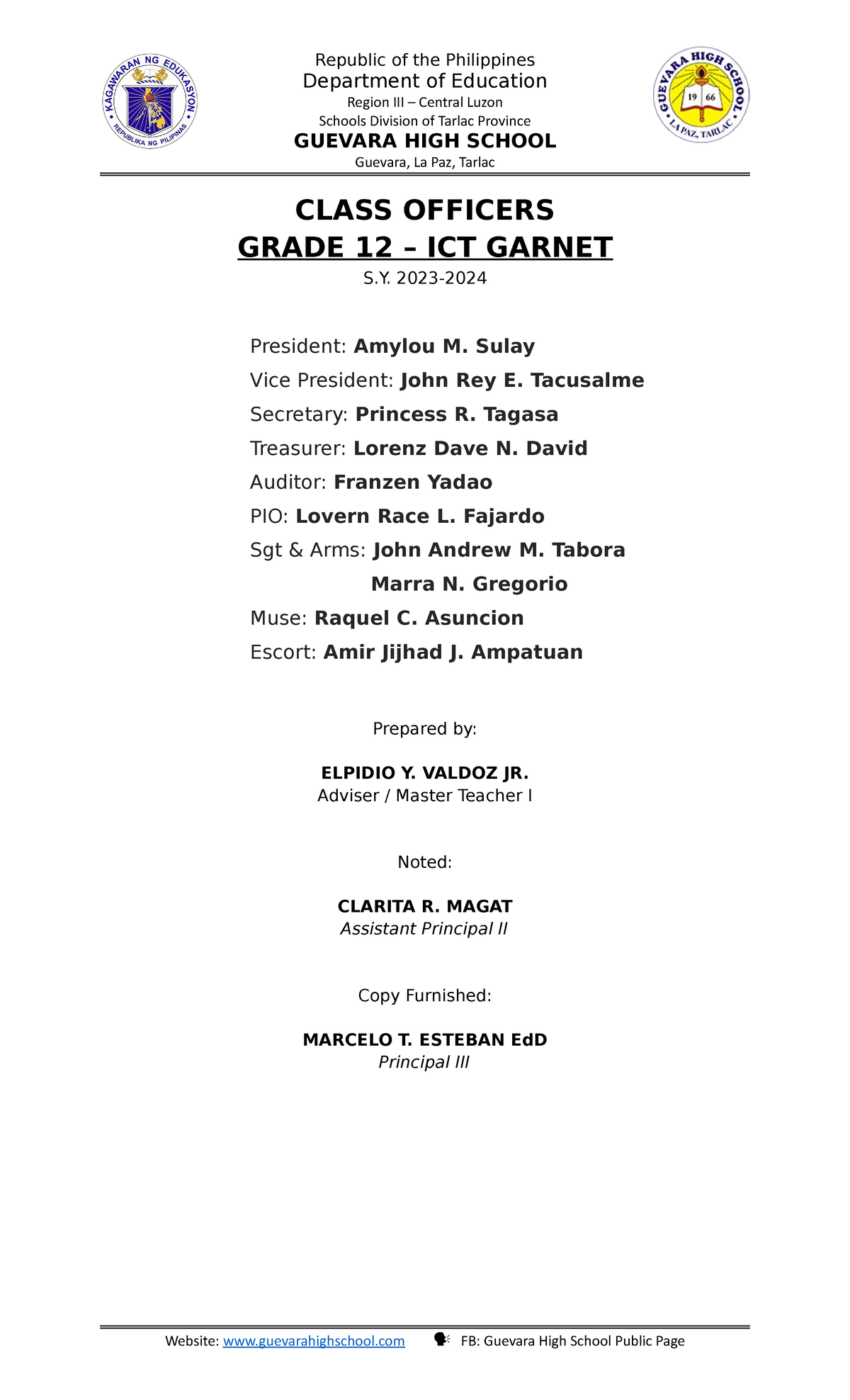 12- Garnet- Class-HPTA- Officers. 2023-2024 docx - Copy - Republic of ...