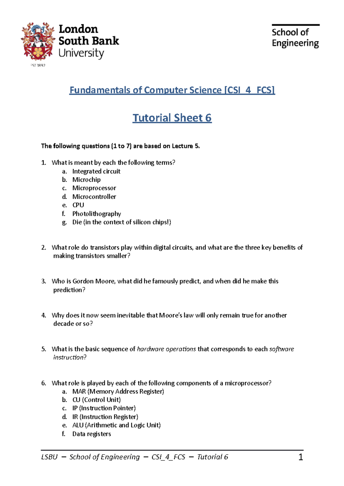 Tutorial work of assembly language - Fundamentals of Computer Science [CSI_4_FCS] Tutorial Sheet ...