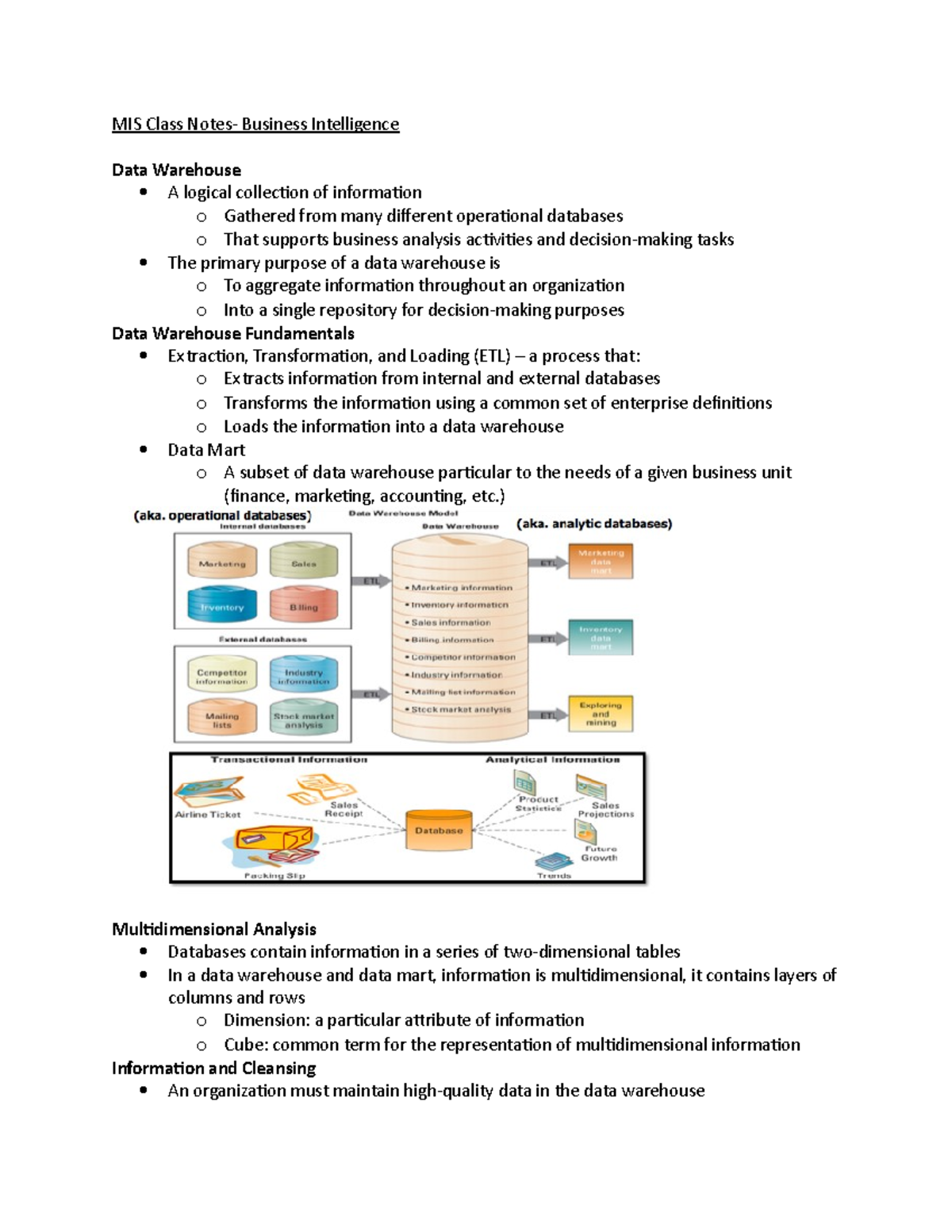MIS Class Notes- Business Intelligence - ) Multidimensional Analysis ...