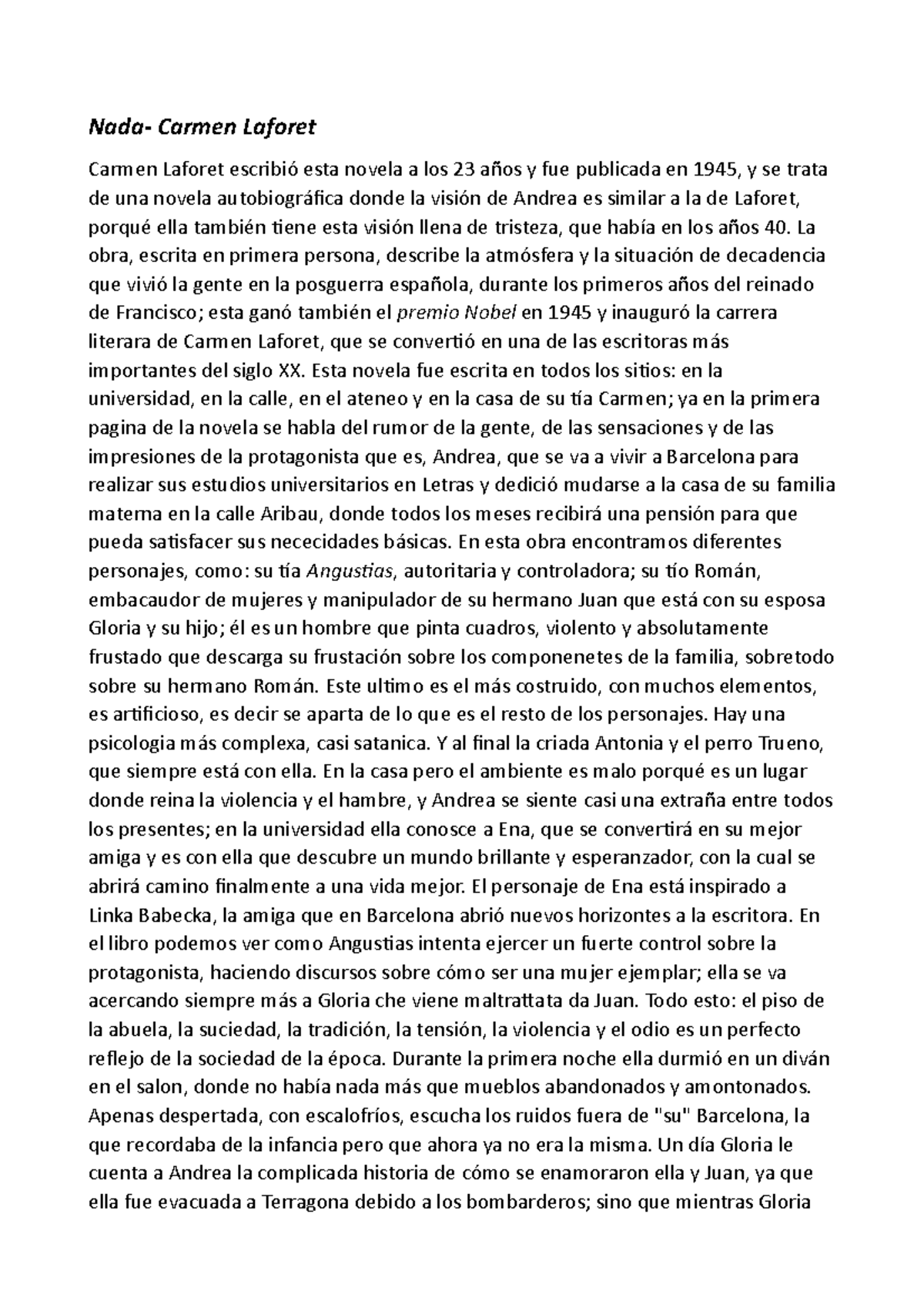 Nada - Riasumen libro Nada - Nada- Carmen Laforet Carmen Laforet ...