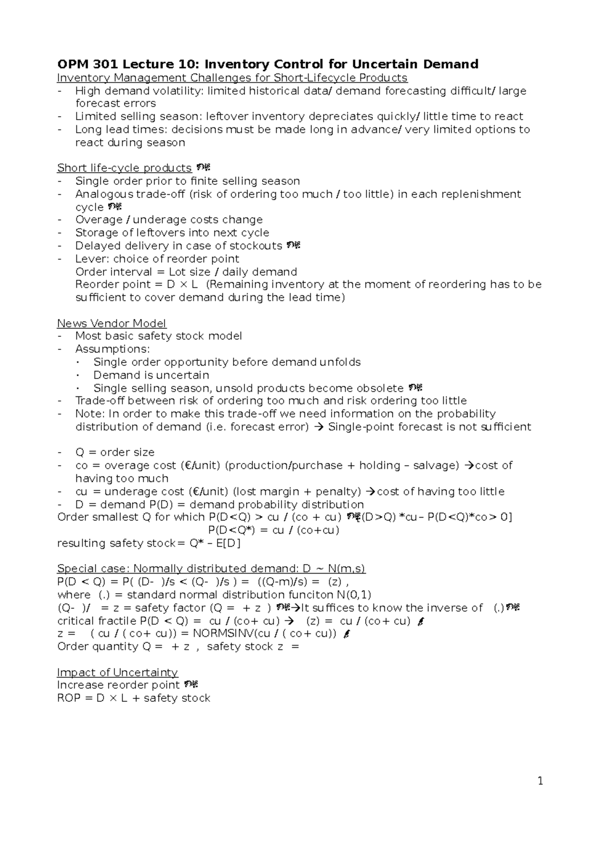 OPM10 - Zusammenfassung Operations Management - OPM 301 Lecture 10 ...