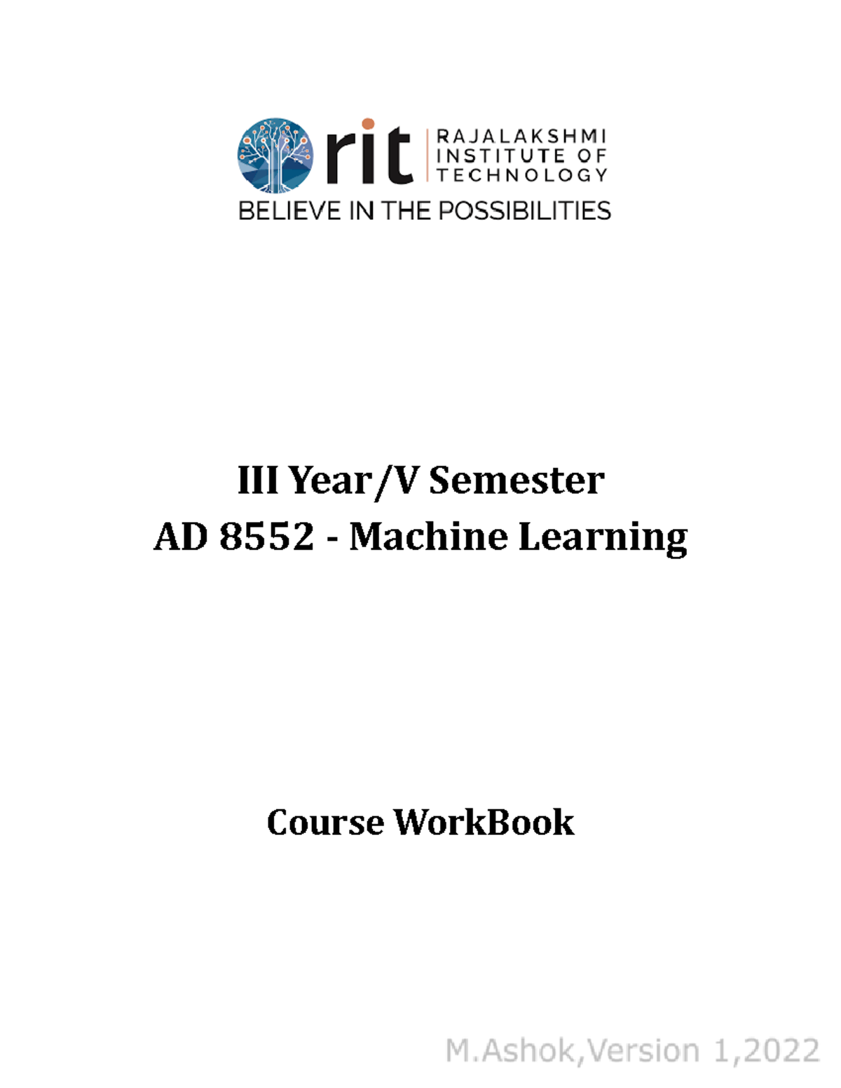 Unit 1 - ml unit 1 - III Year/V Semester AD 8552 - Machine Learning Course WorkBook Index Sheet ...