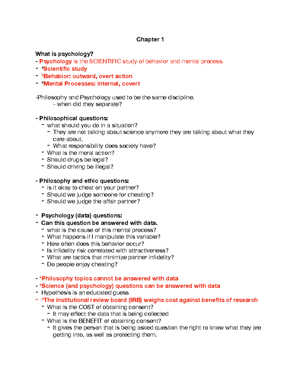 Intro to Psychology - very detailed lecture notes - Chapter 1 What is ...