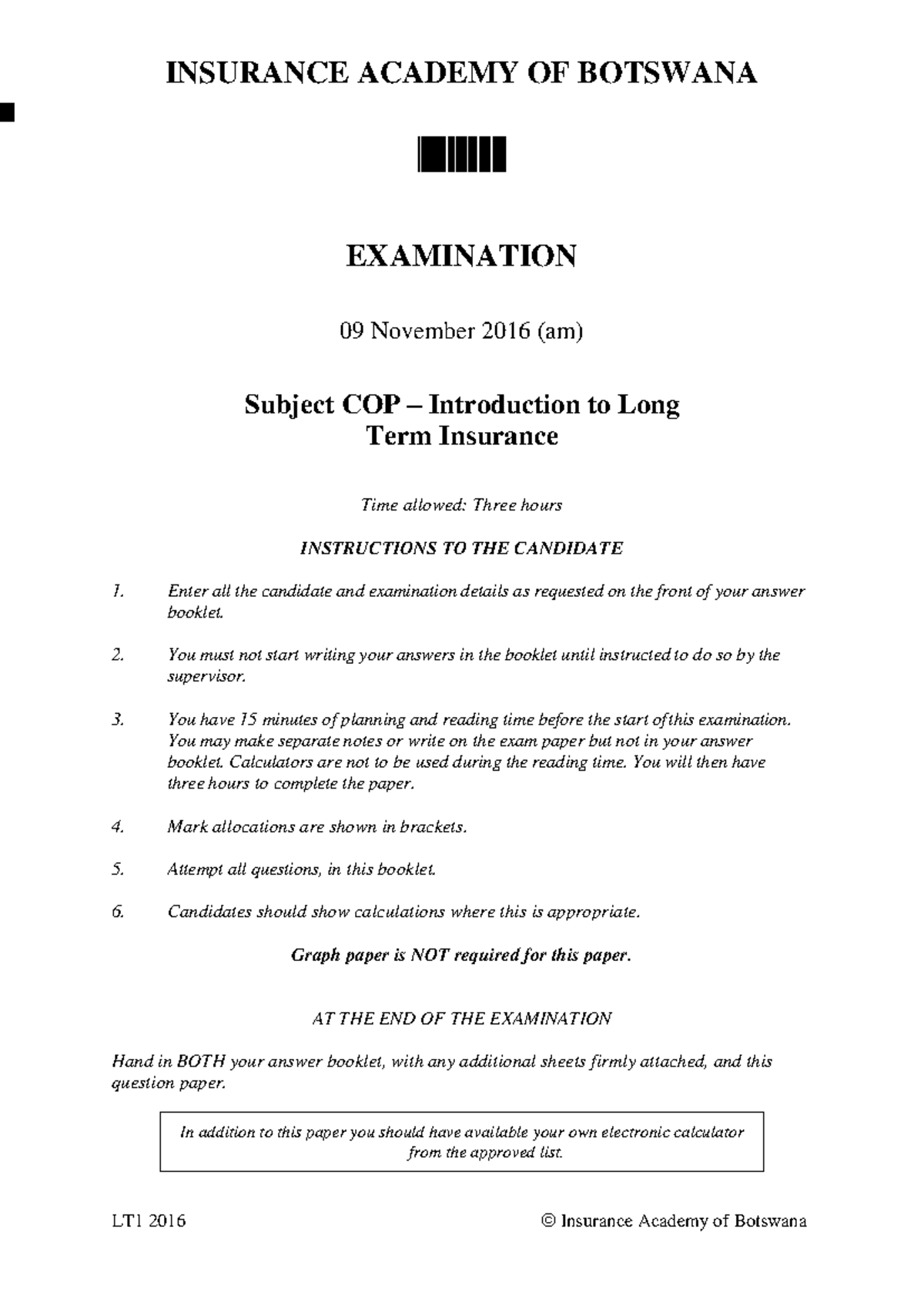 I AB LT1 COP 2016 11 Exam - long term insurance past exam paper - LT1 ...