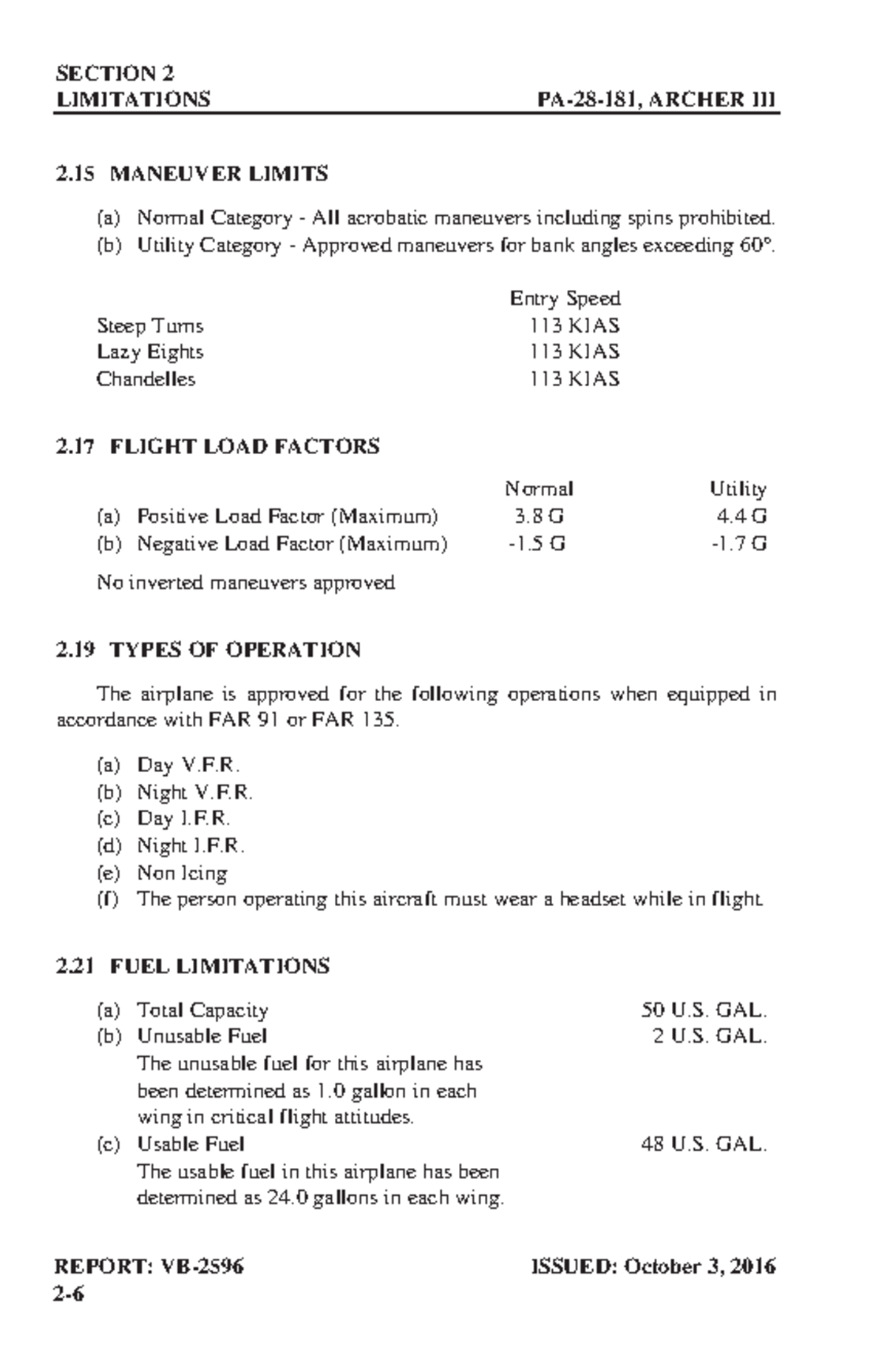 PA28-181 types of operations - SECTION 2 LIMITATIONS PA-28-181, ARCHER III REPORT: VB-2596 ...