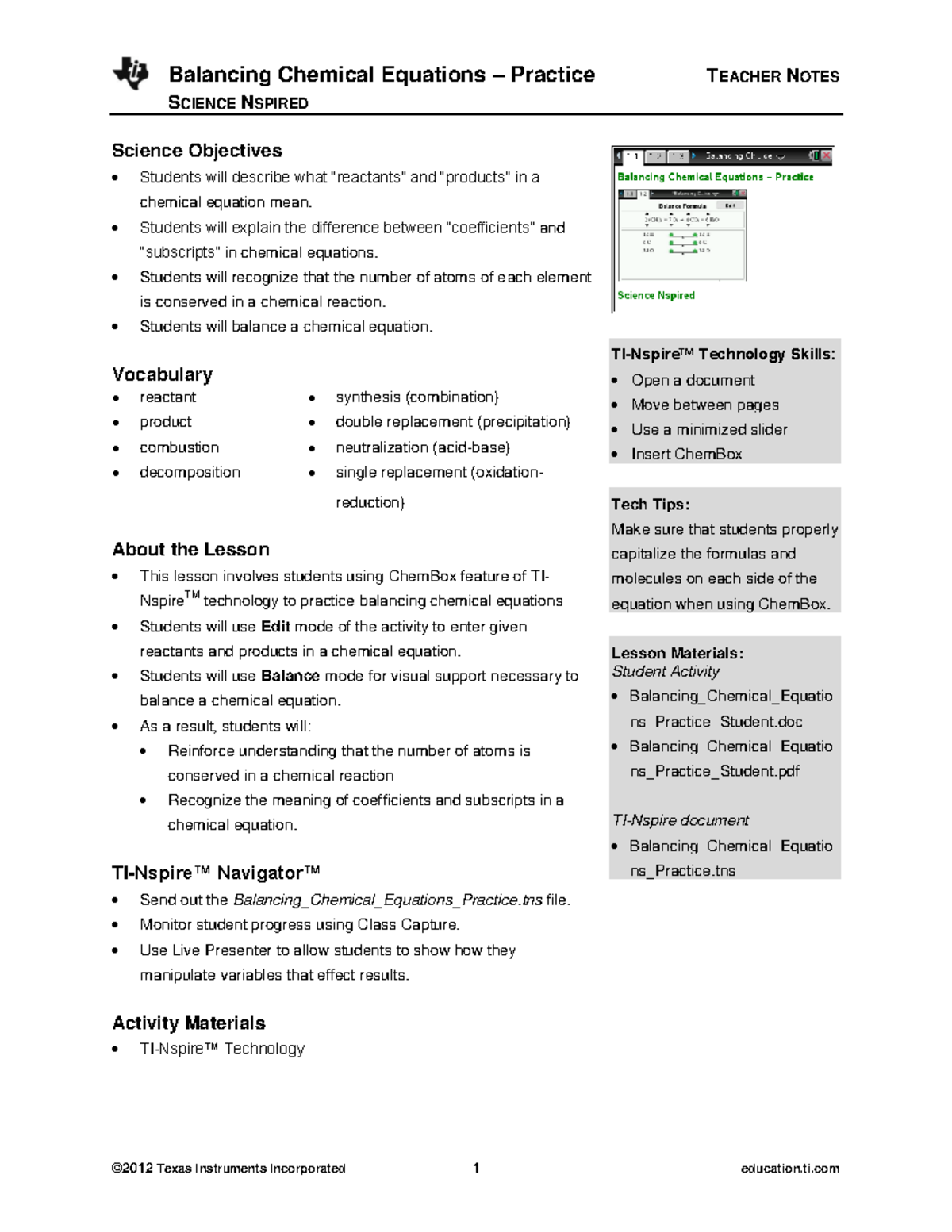 Balancing Chemical Equations Practice Teacher - SCIENCE NSPIRED Science ...