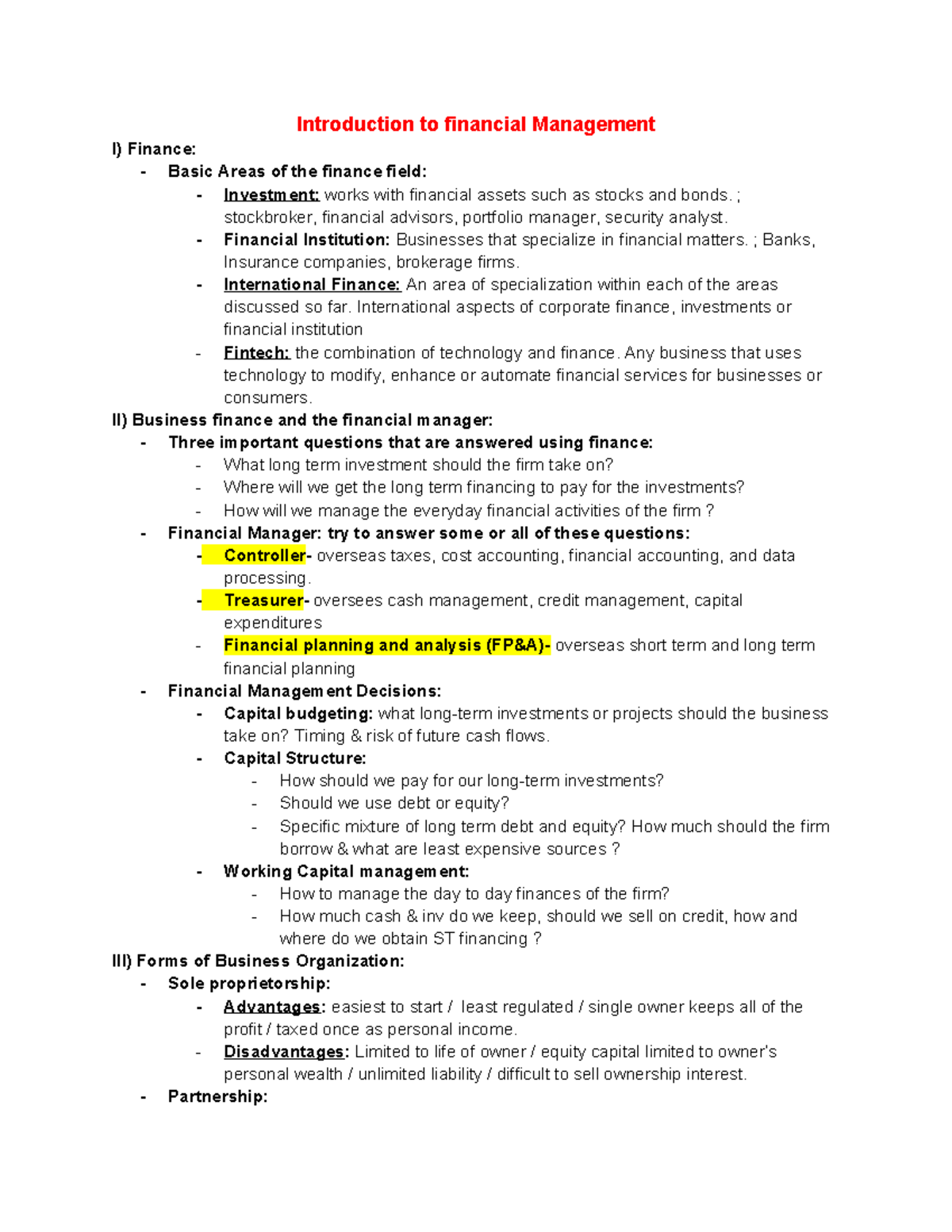 B A 323 Ch 1 Notes For Daniel Walsh Class Introduction To Financial Management I Finance